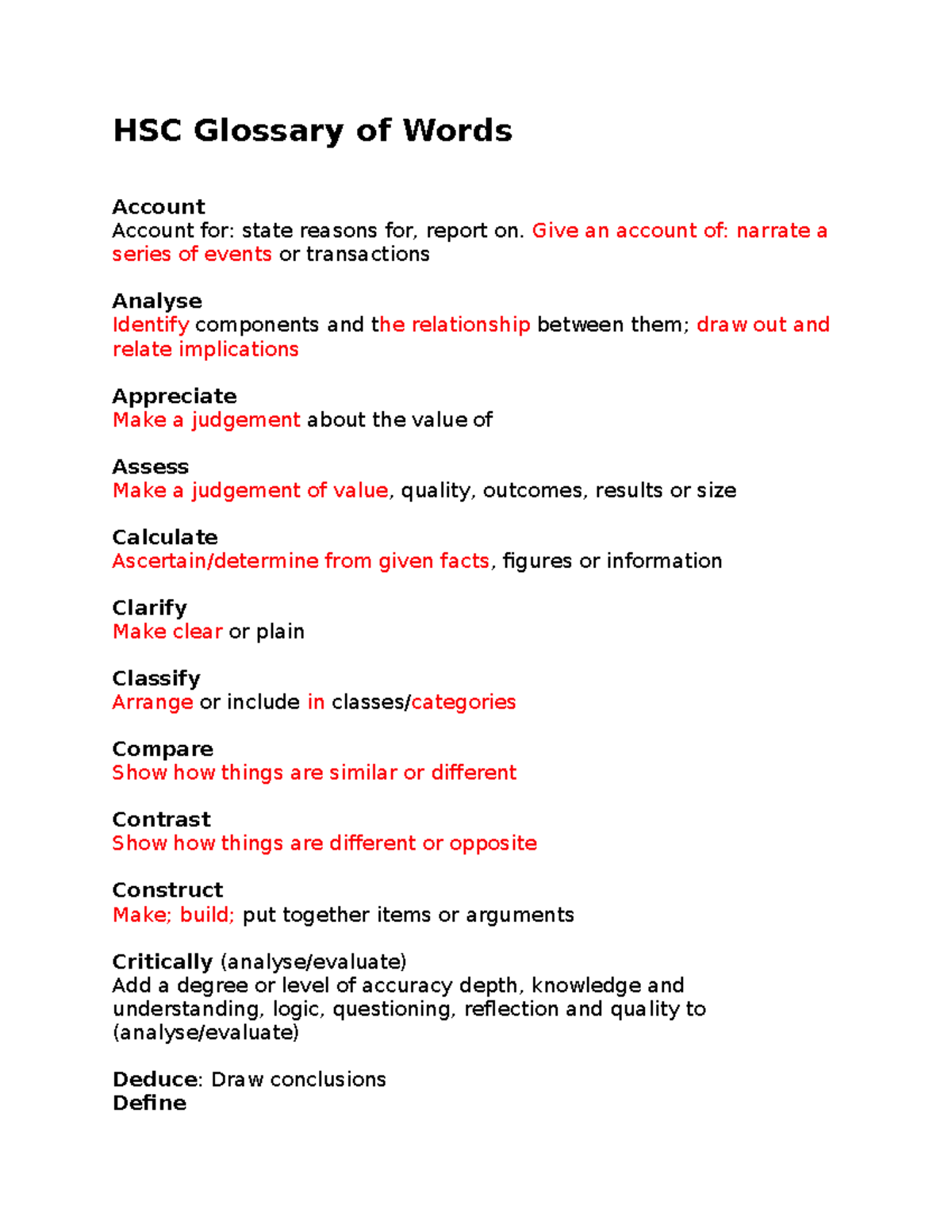 HSC Glossary of Words - xxs - HSC Glossary of Words Account Account for ...