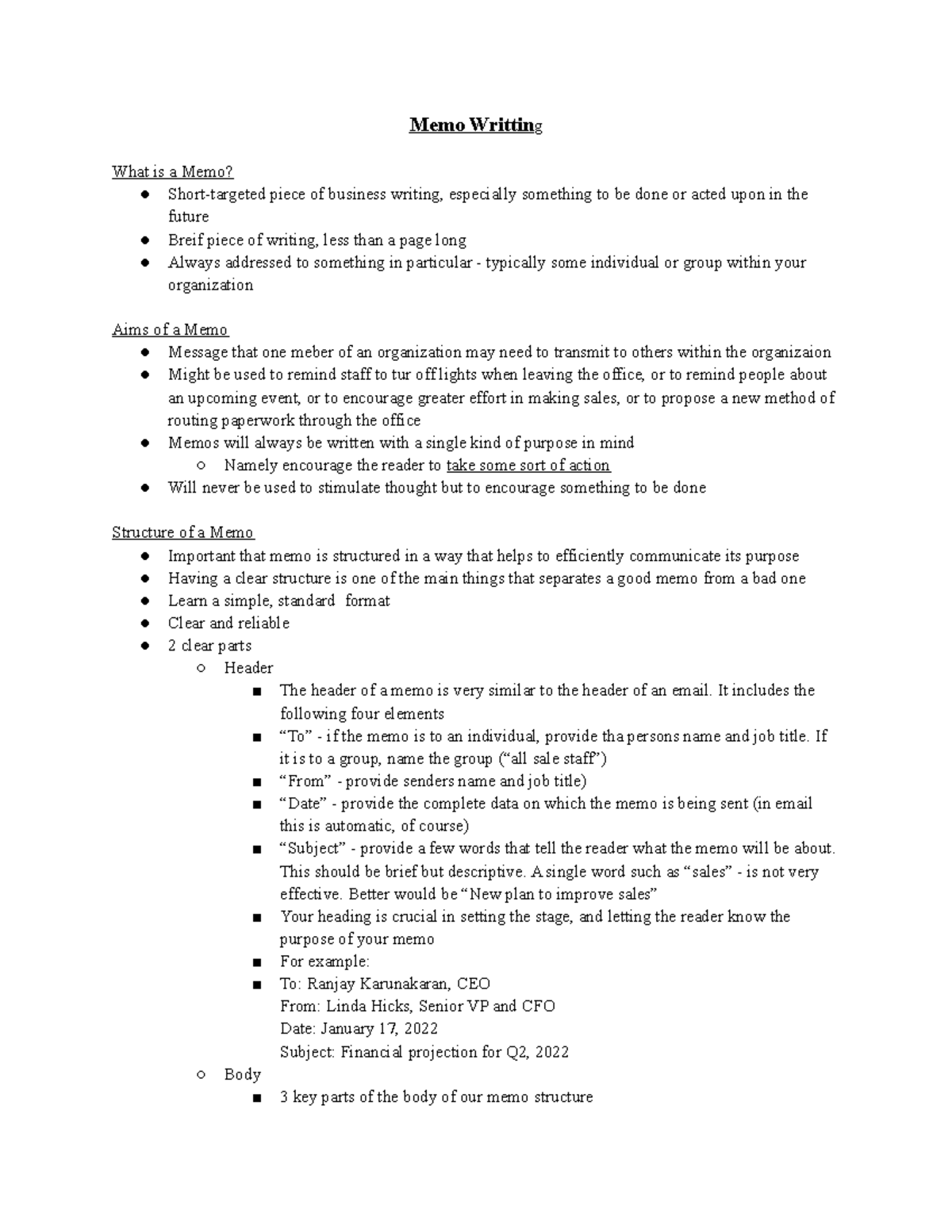 2. Memo Writing - notes - Memo Writting What is a Memo? Short-targeted ...