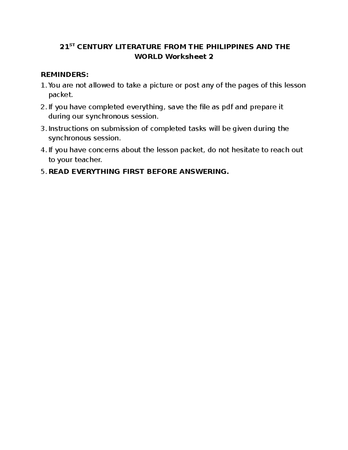 21ST-LIT- Worksheet-2 (ANS) - Copy - 21 ST CENTURY LITERATURE FROM THE ...
