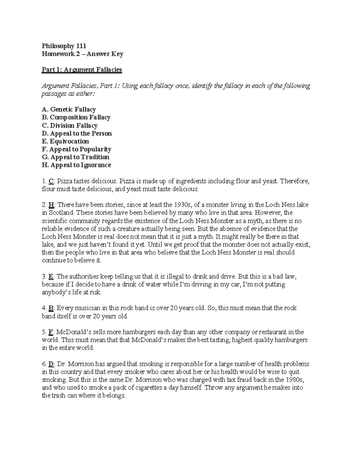 Phil 111 Homework 2 - Answer Key - Philosophy 111 Homework 2 – Answer ...