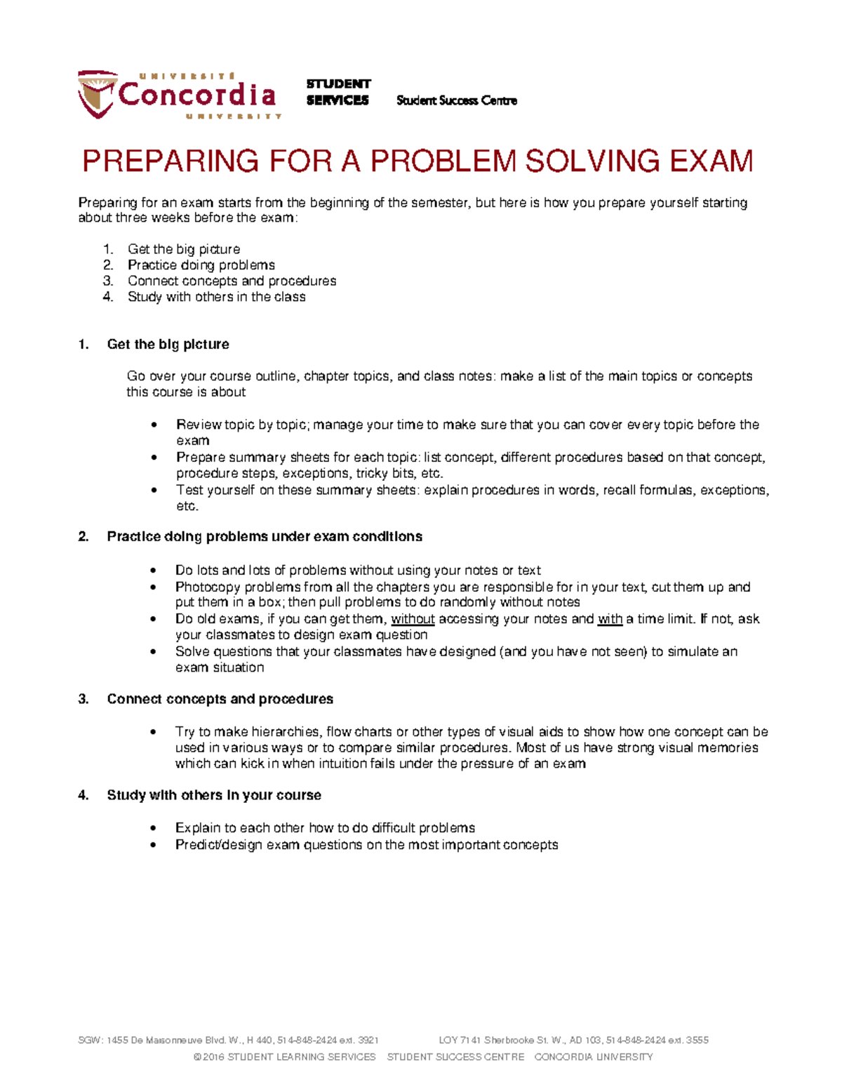 Preparing for a Problem Solving Exam - SGW: 1455 De Maisonneuve Blvd. W., H 440, 514-848-2424 ...