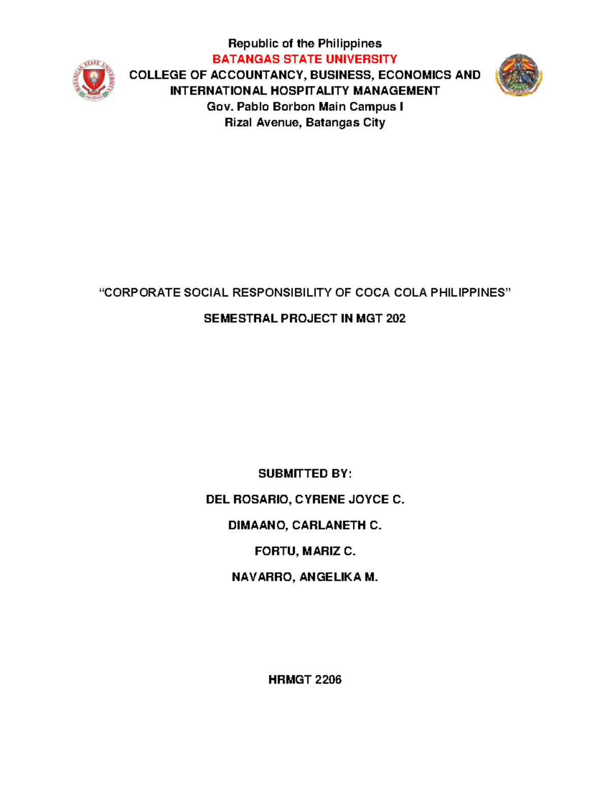 MGT 202 Semestral Project ( Group 4) - BATANGAS STATE UNIVERSITY ...