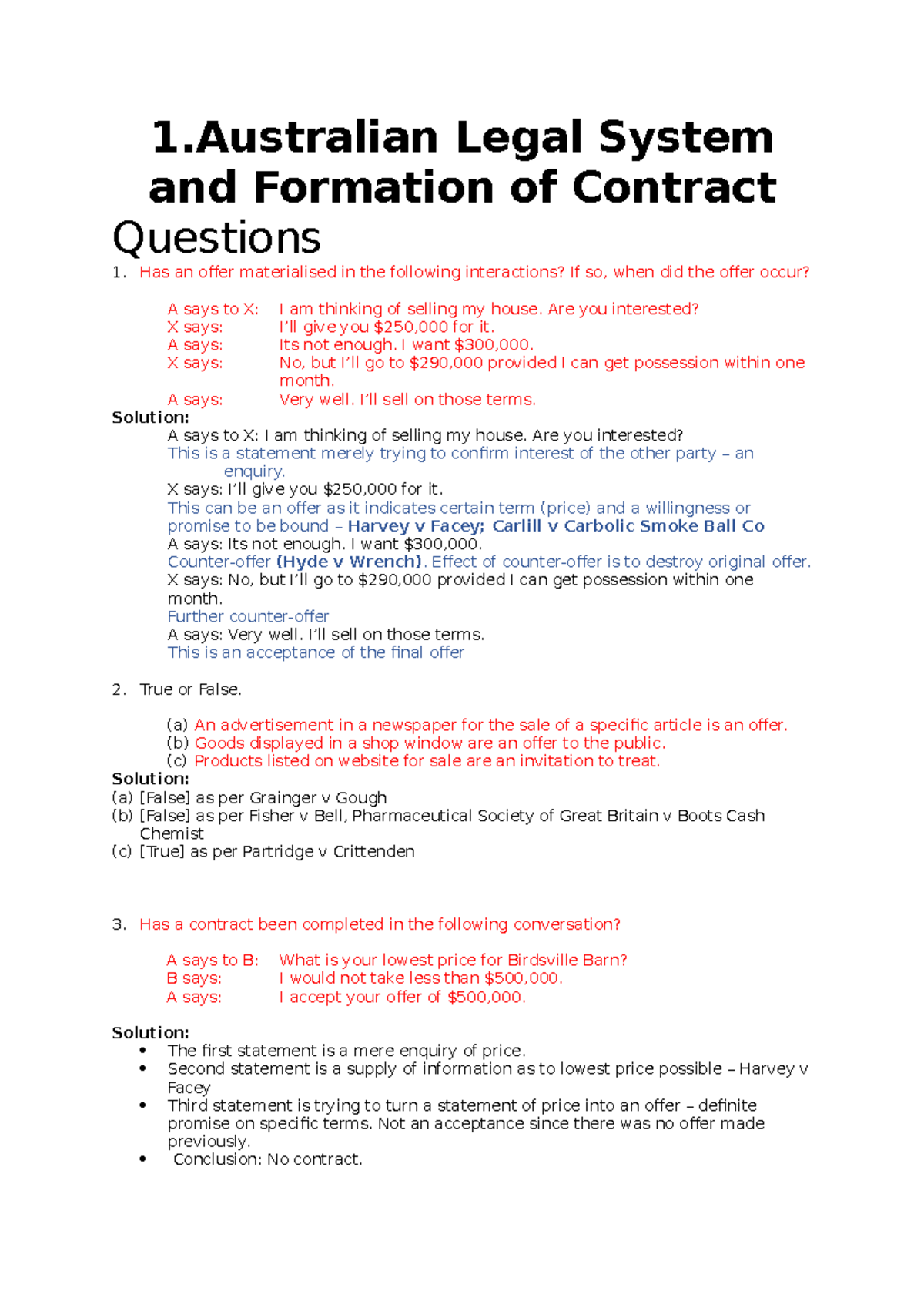 Questions W1-5 - 1 Legal System and Formation of Contract Questions Has ...