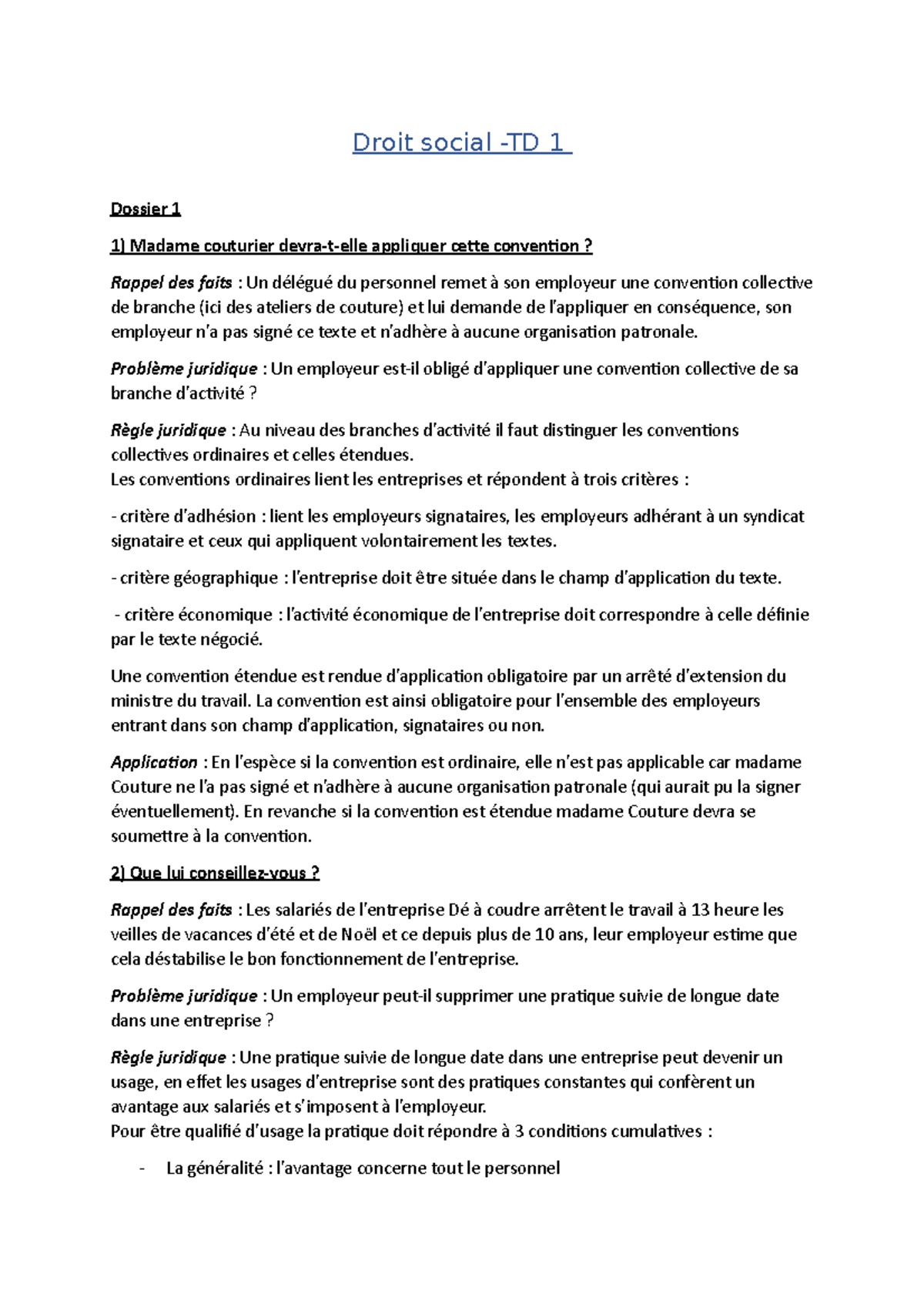 TD 1- Droit Social (conventions collective, usage) - Droit social -TD 1 ...