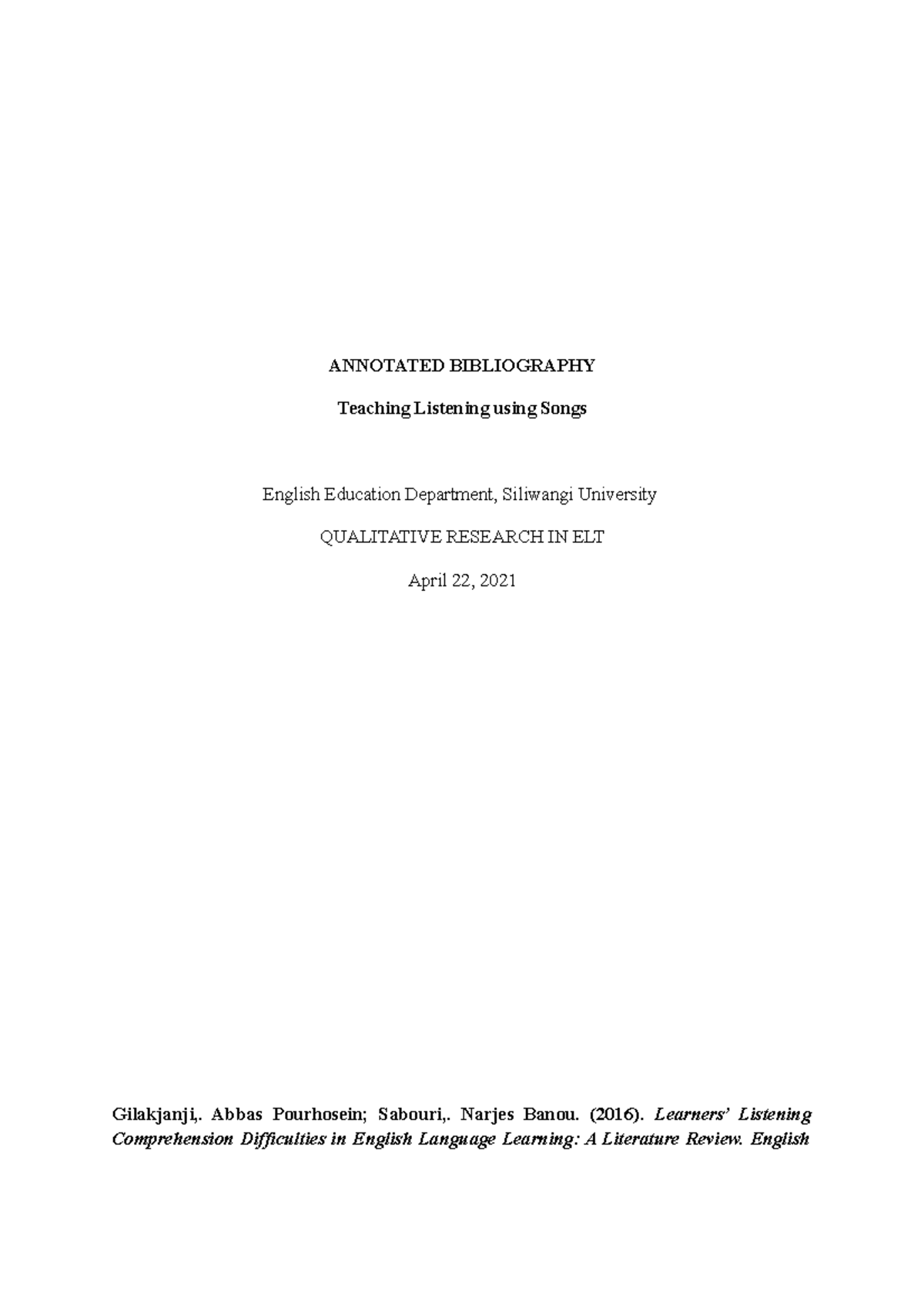 Annotated Bibliography.Teaching Listening using Songs - ANNOTATED ...