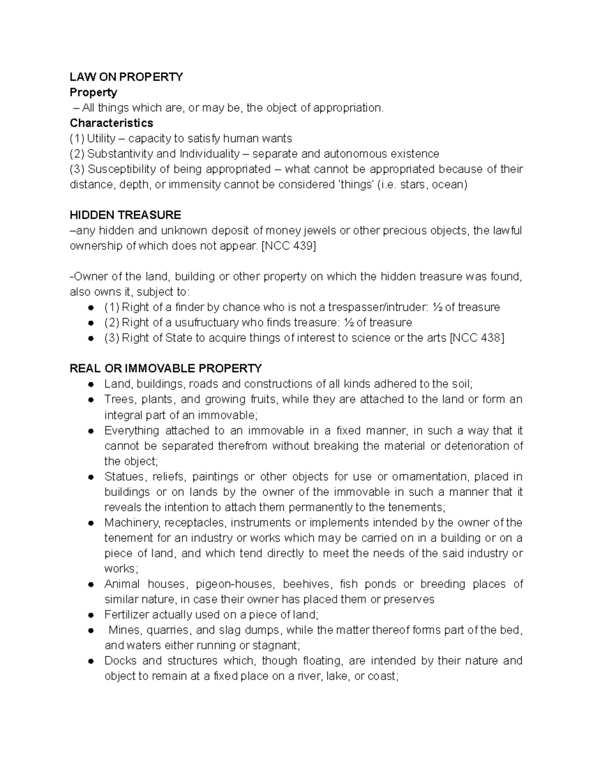 LAW ON Property- Notes - LAW ON PROPERTY Property - All things which ...