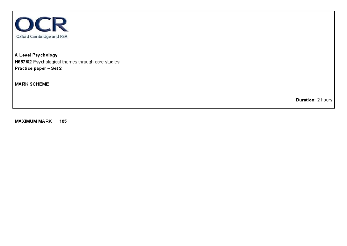 H567 02 mark scheme set 2 - A Level Psychology H567/02 Psychological ...
