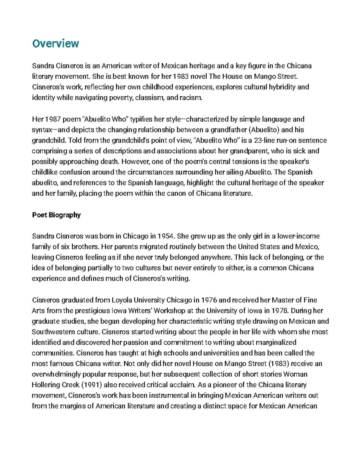 Abuelito Who Summary and Analysis - 3 Overview Sandra Cisneros is an ...