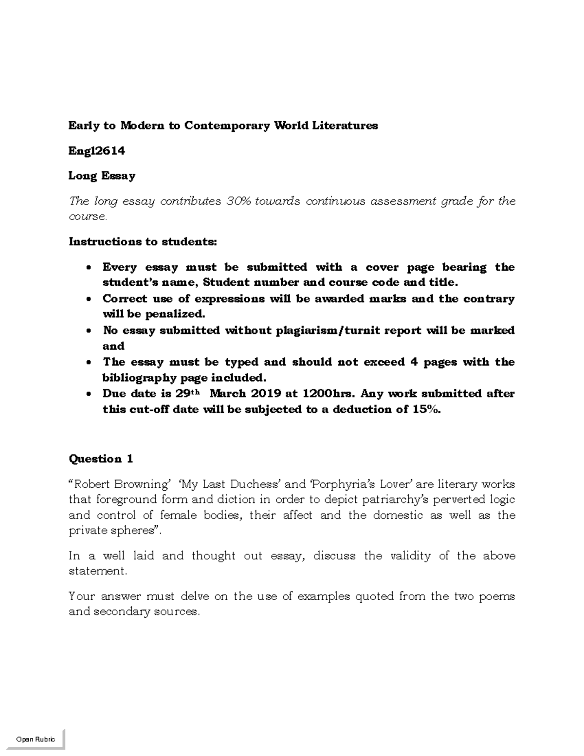 Engl 2614 Long essay - Early to Modern to Contemporary World ...