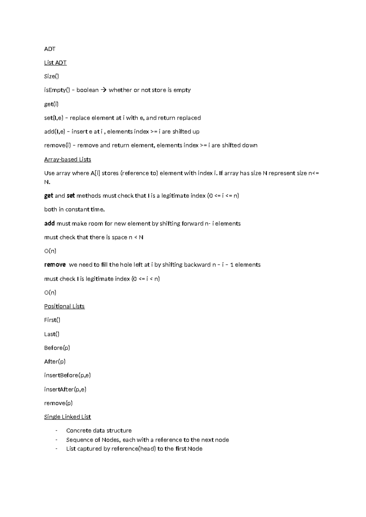 Lec 2 - Lecture 2 - ADT List ADT Size() isEmpty() – boolean whether or not store is empty get(i ...