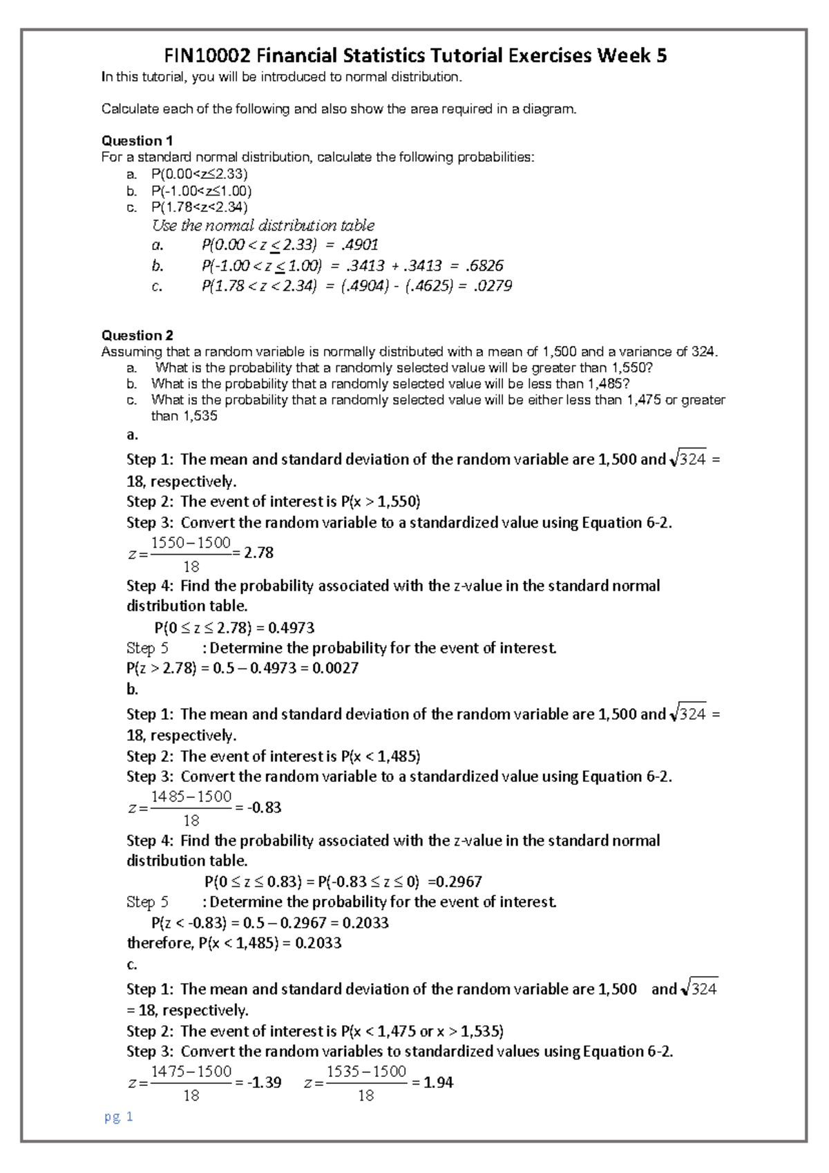 FIN10002 Sem 1 2018 Financial Statistics Tutorial 5 Solutions - Warning: TT: undefined function ...