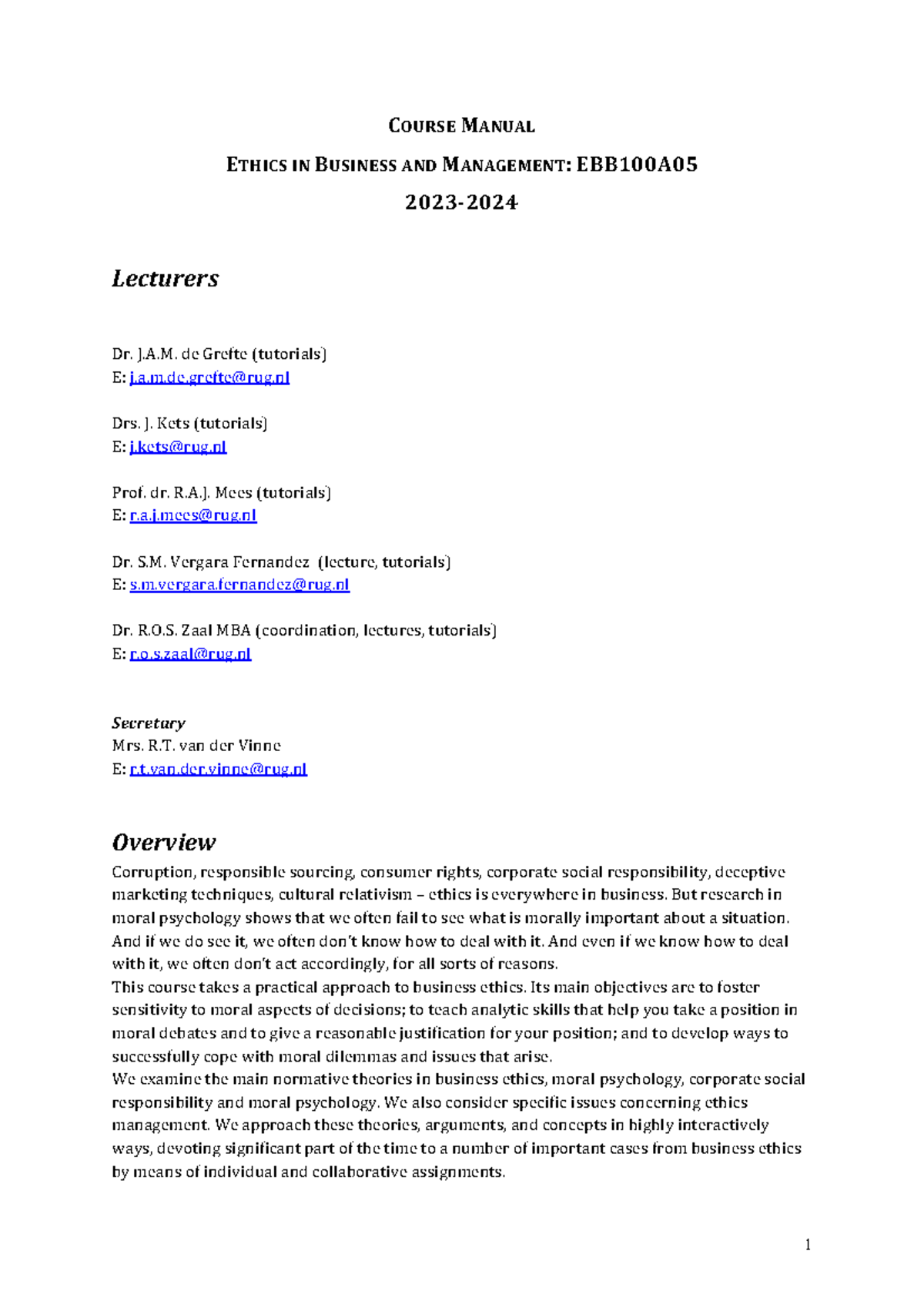 EBM Course Manual 2023 2024 - C OURSE M ANUAL E THICS IN B USINESS AND ...