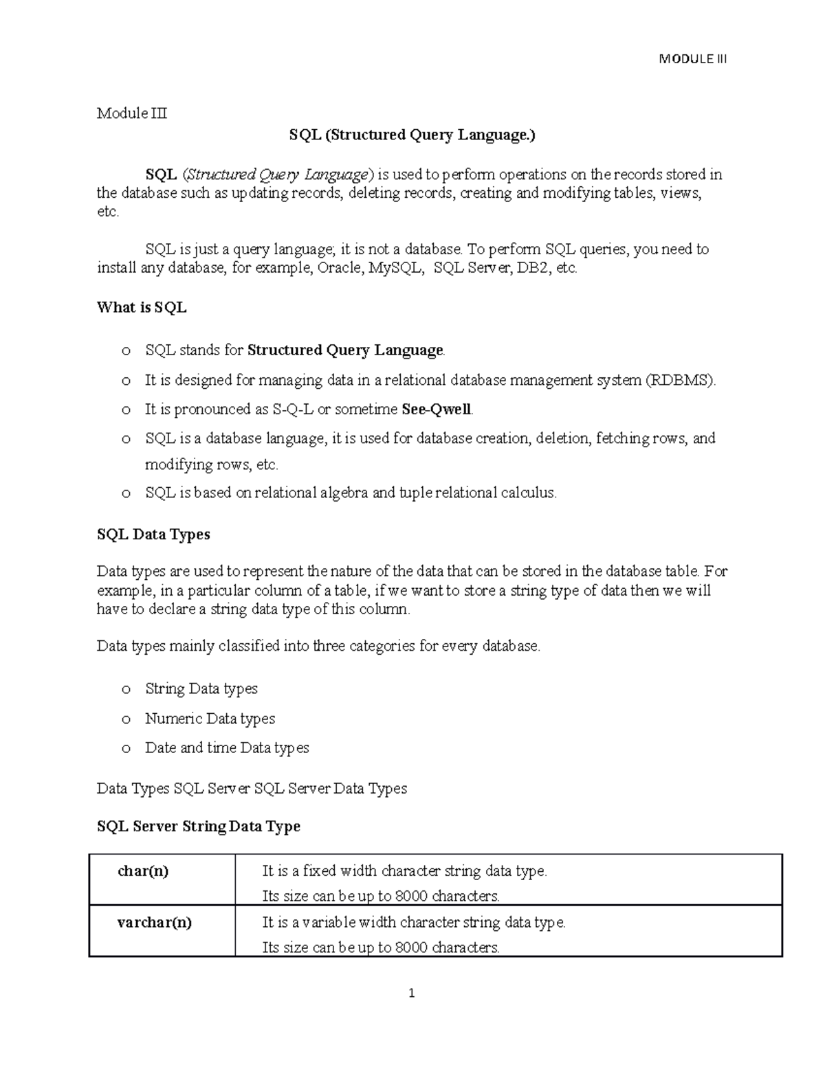 Module note all - Module III SQL (Structured Query Language.) SQL ...
