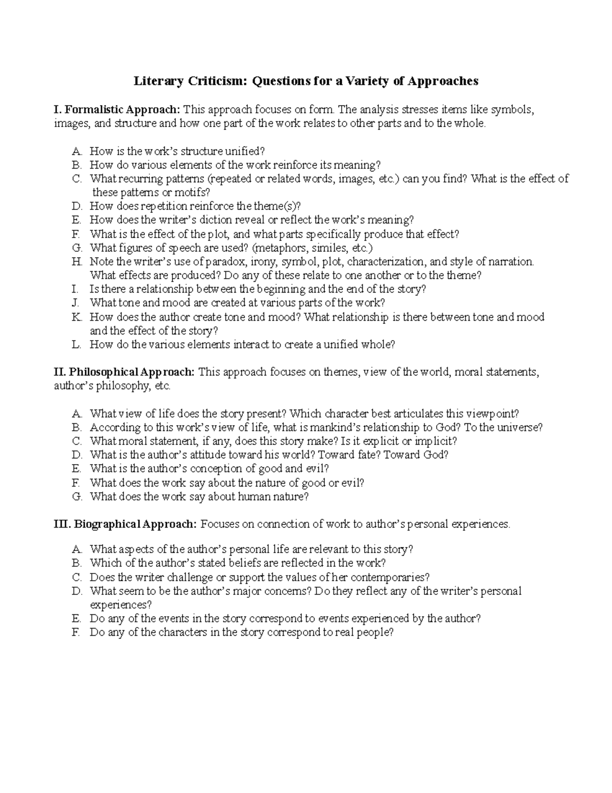 Literary Criticism Generic questions - Literary Criticism: Questions ...