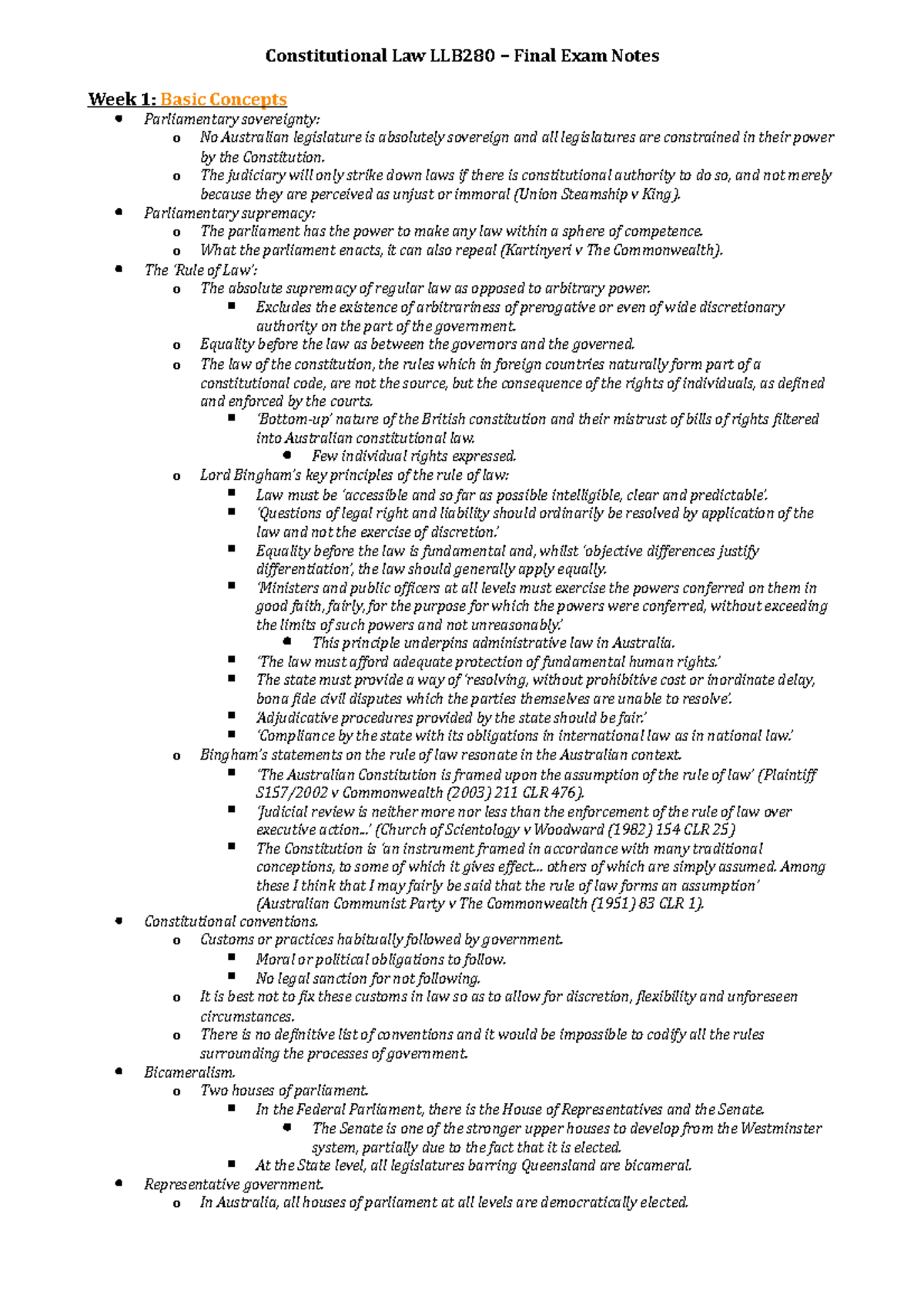 Constitutional Law Notes - Week 1: Basic Concepts Parliamentary ...
