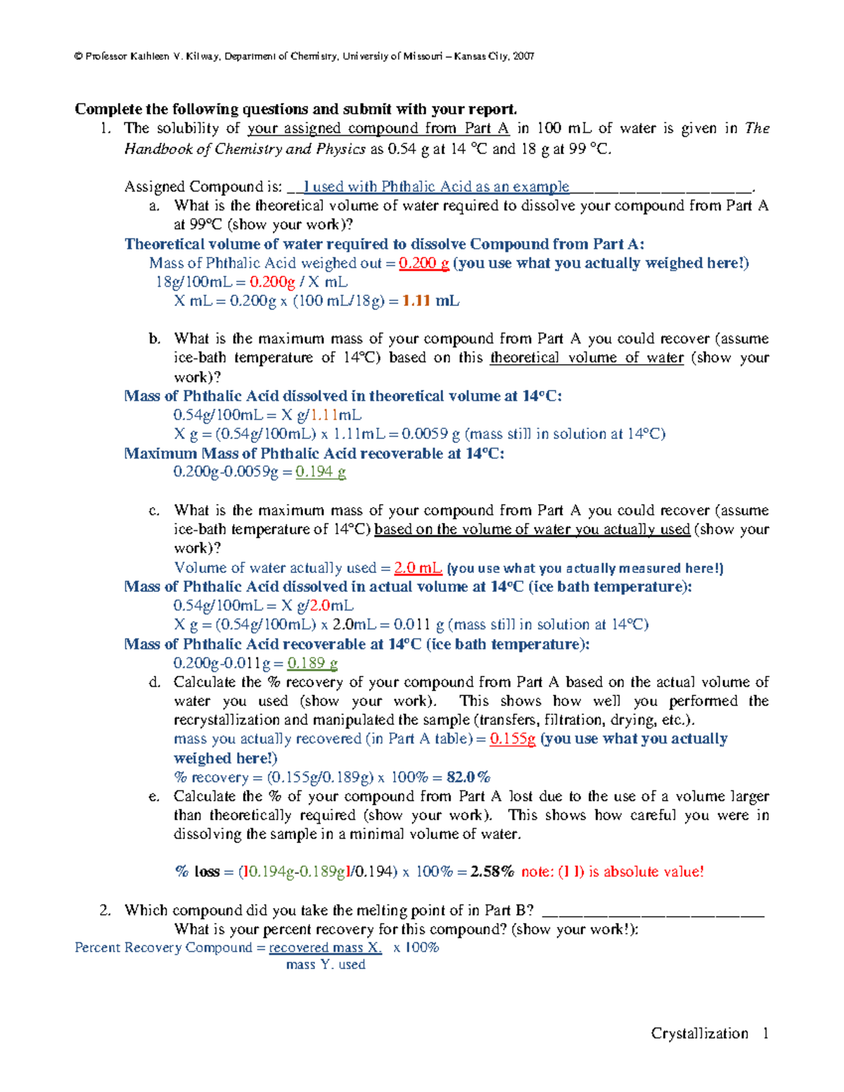Recrystallization postlab Explanation - © Professor Kathleen V. Kilway ...