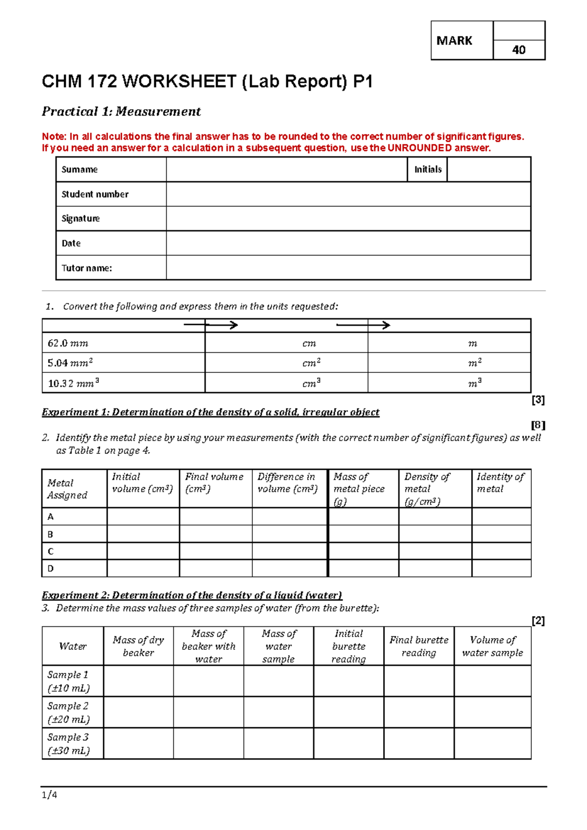 Prac 1 LAB Report Measurement - MARK 40 1 / 4 CHM 1 72 WORKSHEET (Lab ...