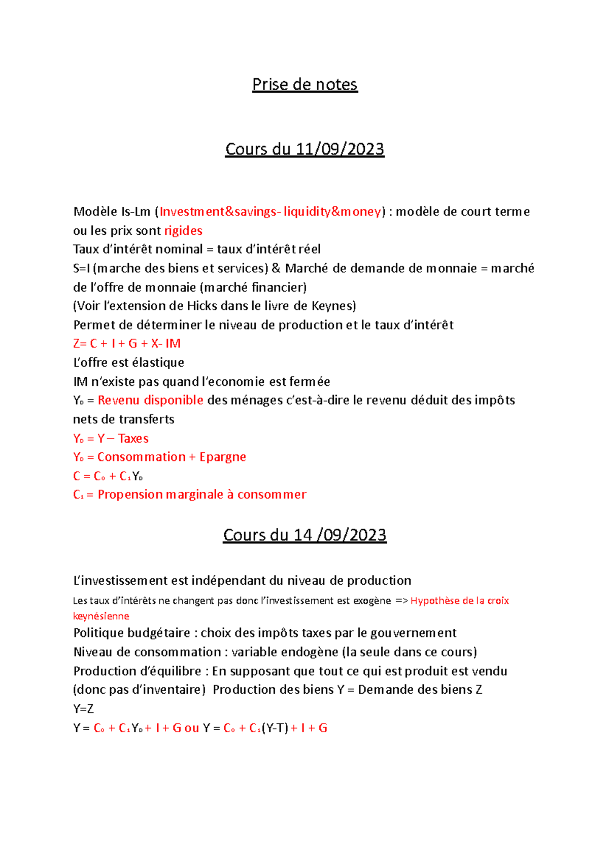 Cours du 11 - Prise de notes Cours du 11/09/ Modèle Is-Lm (Investment ...