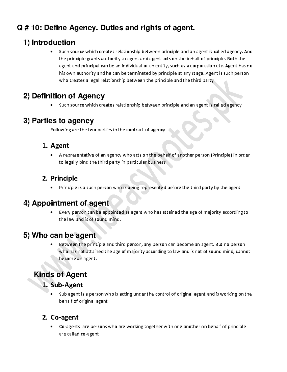 1 0.Contract of Agency Agent - Q # 10: Define Agency. Duties and rights ...