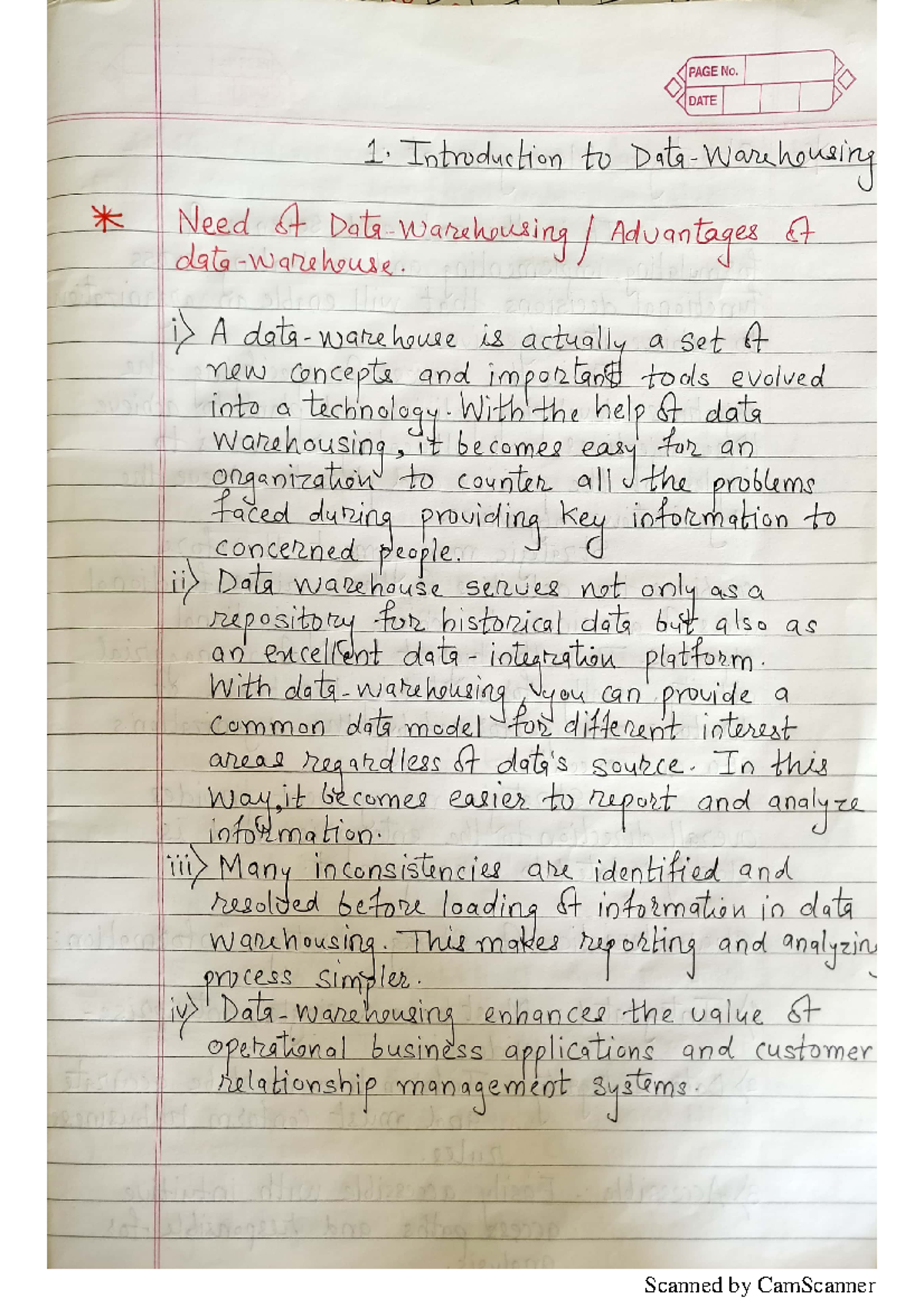 DWM Module No. 1 - PAGE No. DATE 1. Introduction to data Warehouse . Need of Advantages of A ...