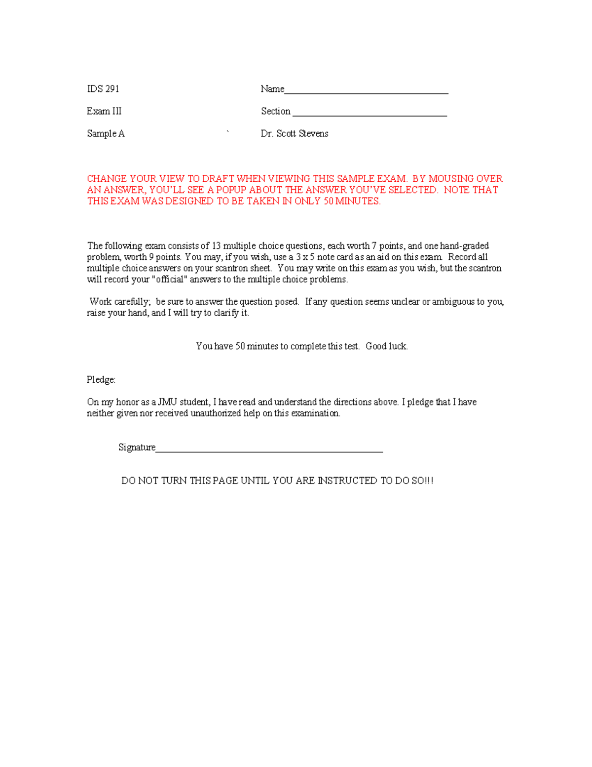 Sample Exam 3, Test A - IDS 291 Name ...
