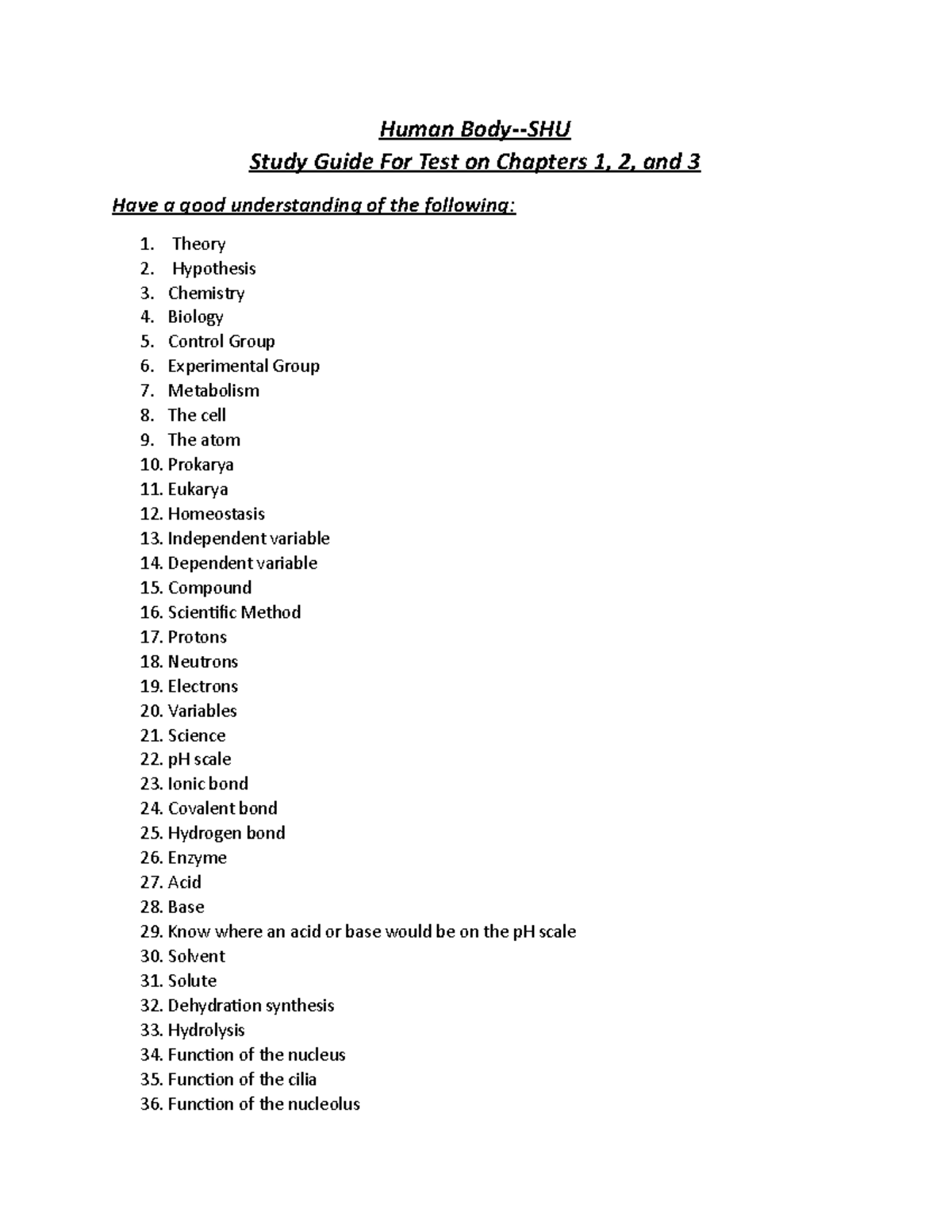 Human Body Study Guide for Test on Chapters 1, 2, and 3 - Human Body ...