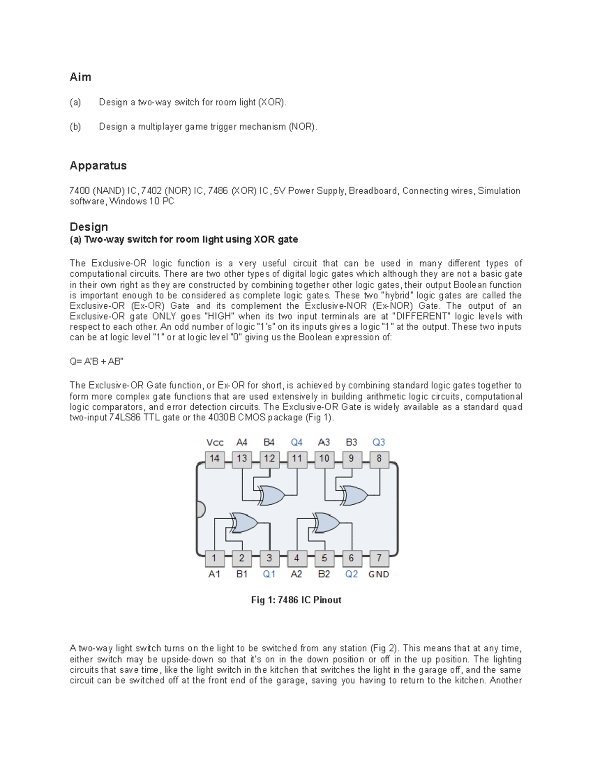 Experiment 3 - De worksheet - Aim (a) Design a two-way switch for room light (XOR). (b) Design a ...