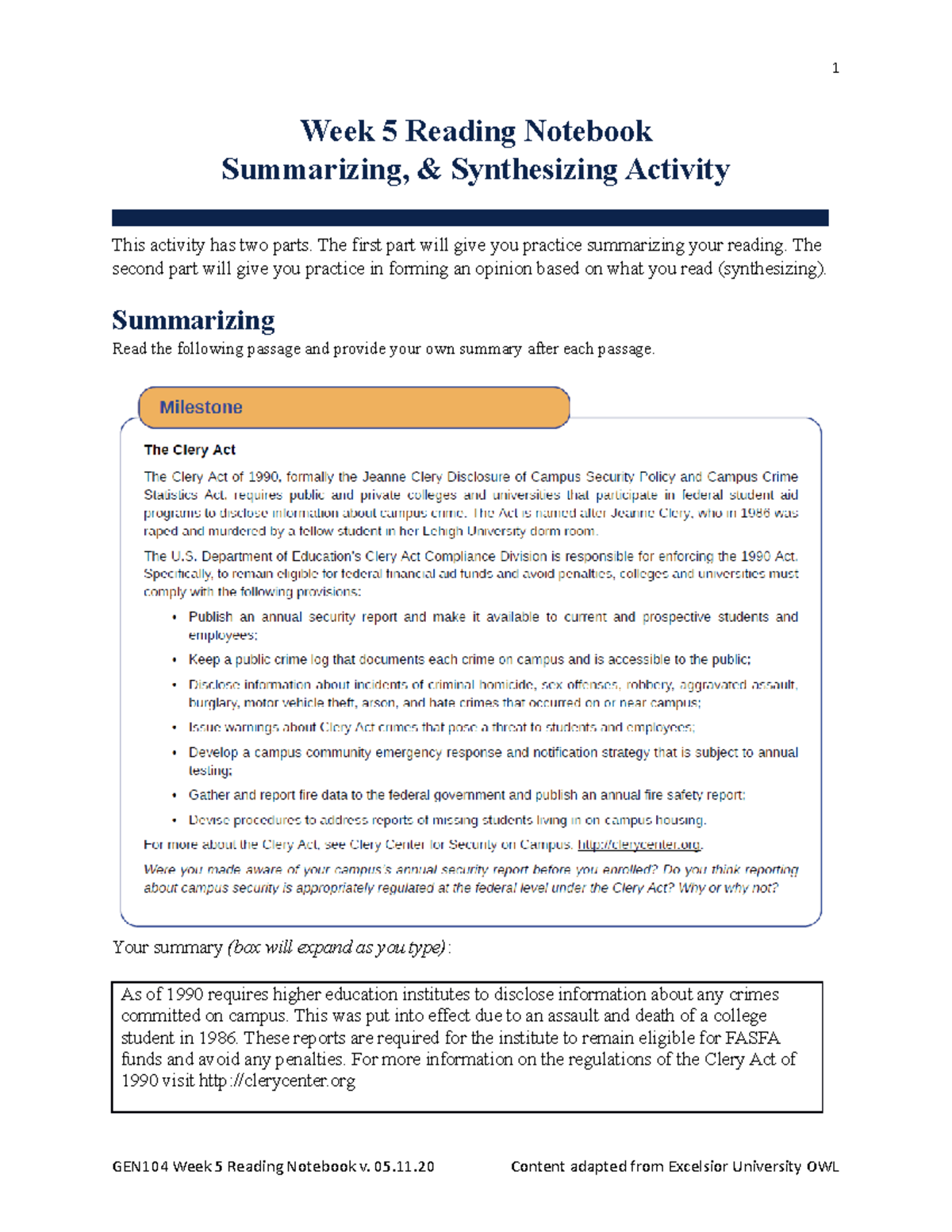 Week 5 Reading Notebook - Week 5 Reading Notebook Summarizing, & Synthesizing Activity This ...