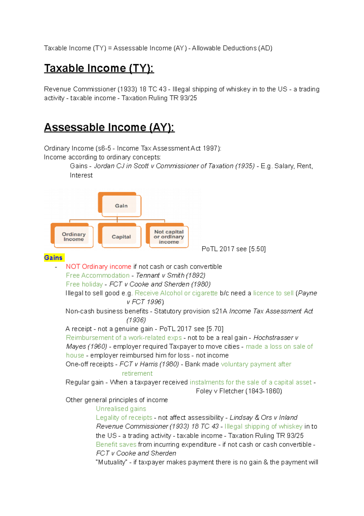 Taxation LAW Summary - Taxable Income (TY) = Assessable Income (AY ...
