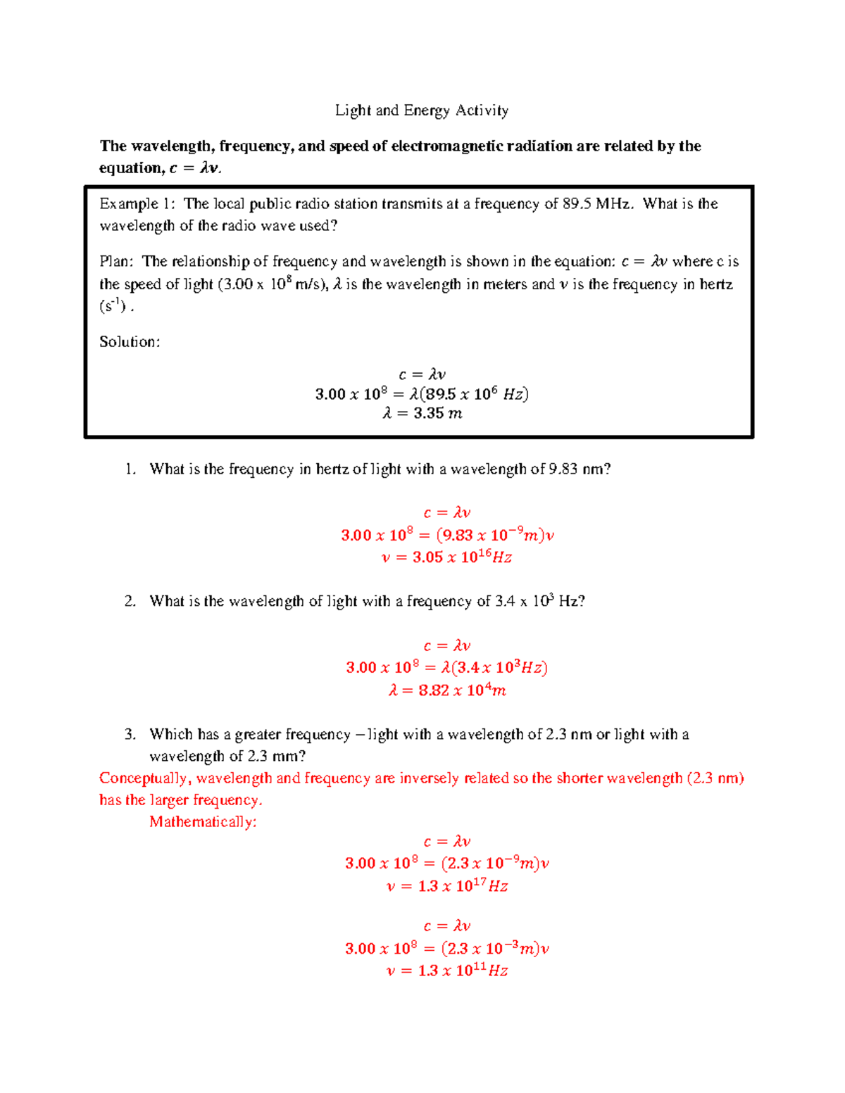 3.a Light and Energy key - Light and Energy Activity The wavelength ...