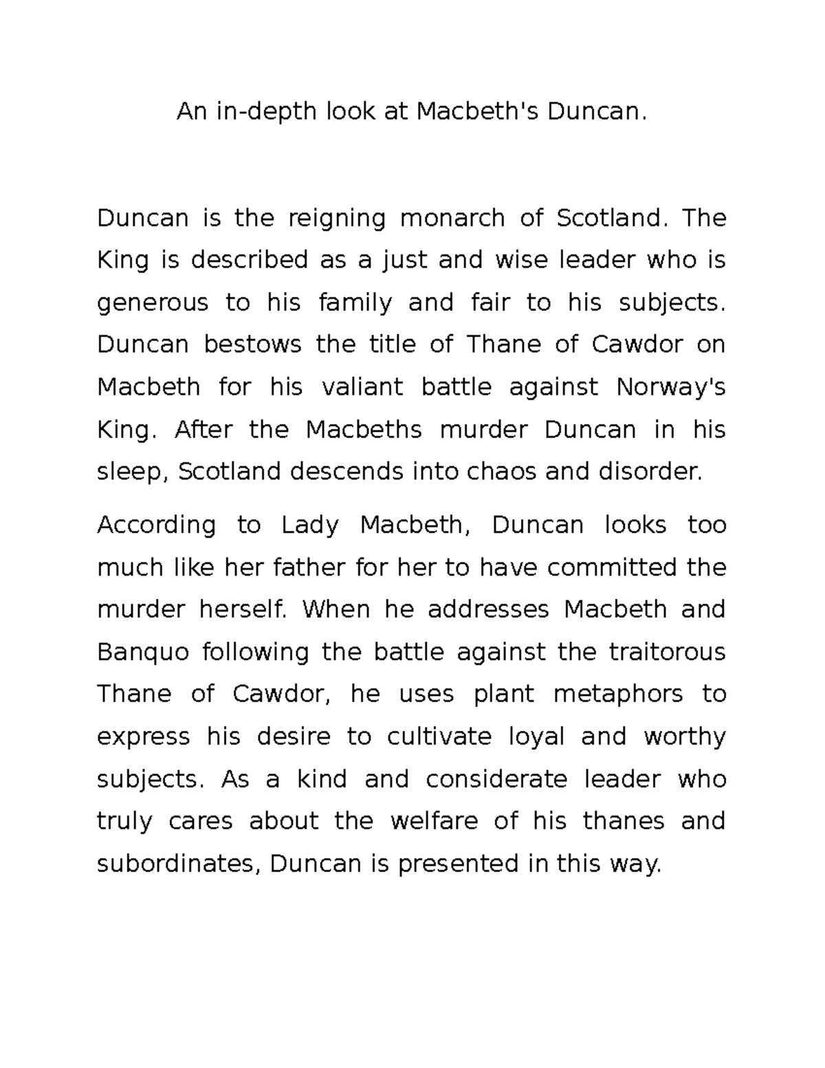 Character of Duncan - Lecture notes 1 - An in-depth look at Macbeth's ...