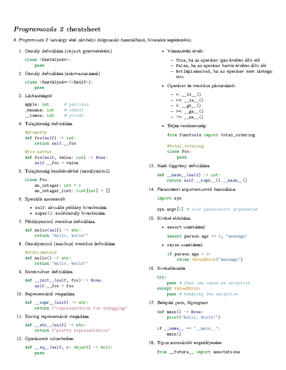 Cheatsheet - Nagyon hasznos. - Programozás 2 cheatsheet A Programozás 2 tantárgy első zárthelyi ...