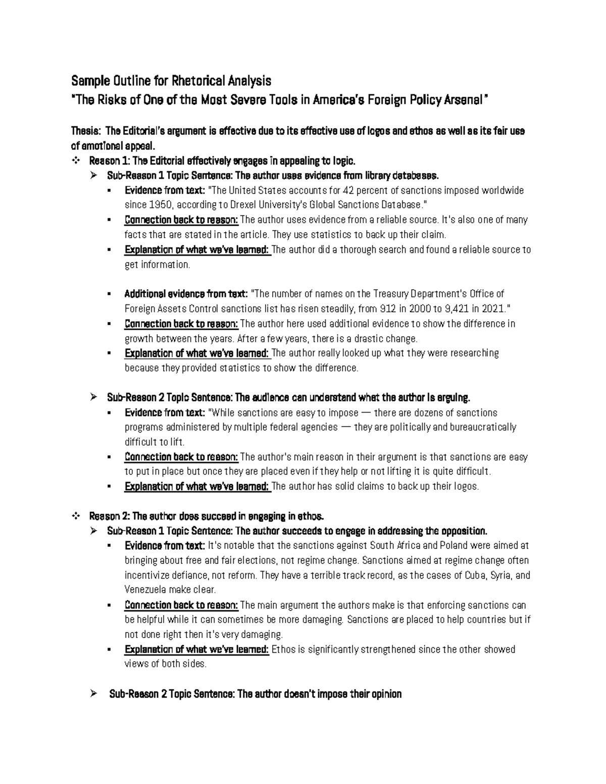 Sample Outline for Rhetorical Analysis - Reason 1: The Editorial ...
