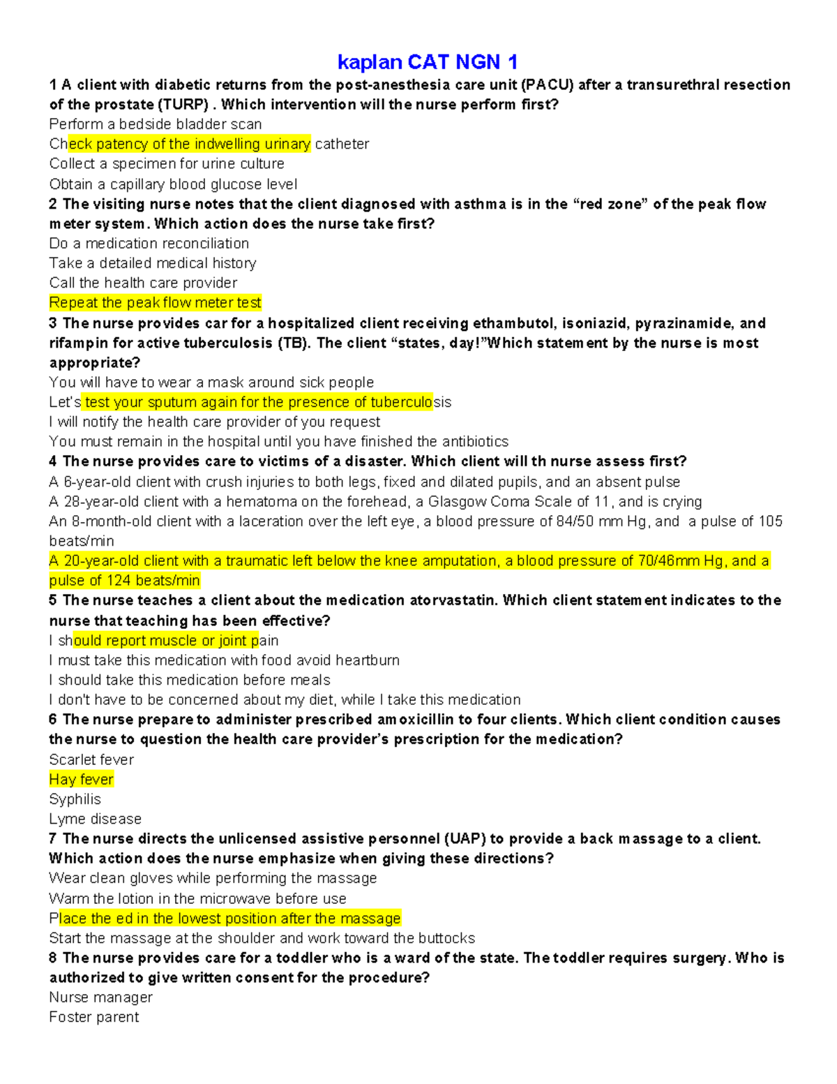 Kaplan CAT NGN 1 - notes - 1 A client with diabetic returns from the ...