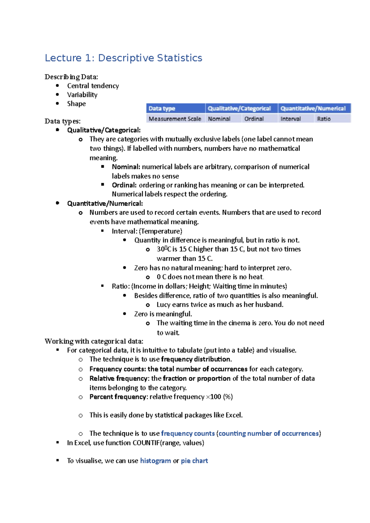 Business Stats Notes - Lecture 1: Descriptive Statistics Describing ...