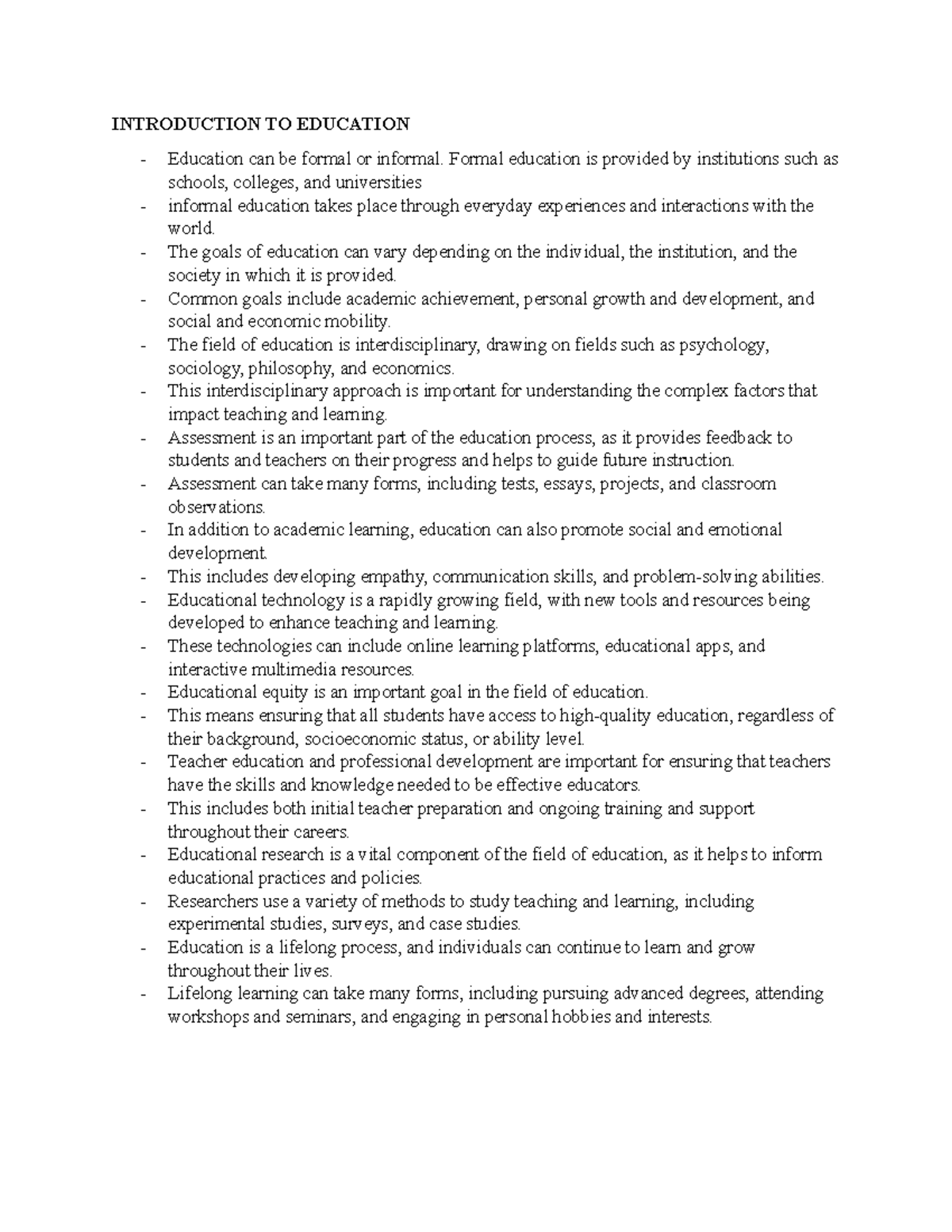 Introduction TO Education Notes 2 - INTRODUCTION TO EDUCATION Education ...