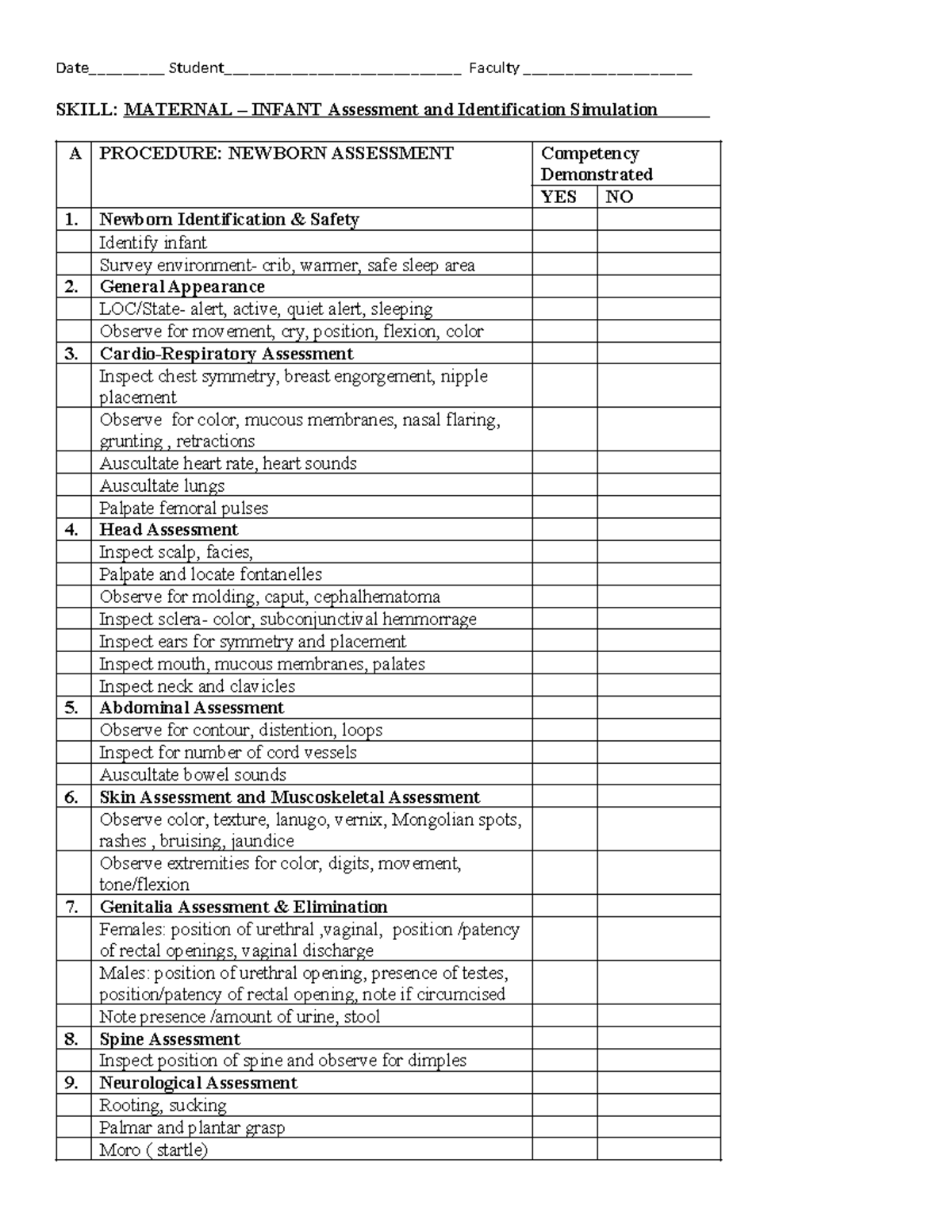 Maternal-Infant Lab Assessment Check Off - SKILL: MATERNAL – INFANT ...