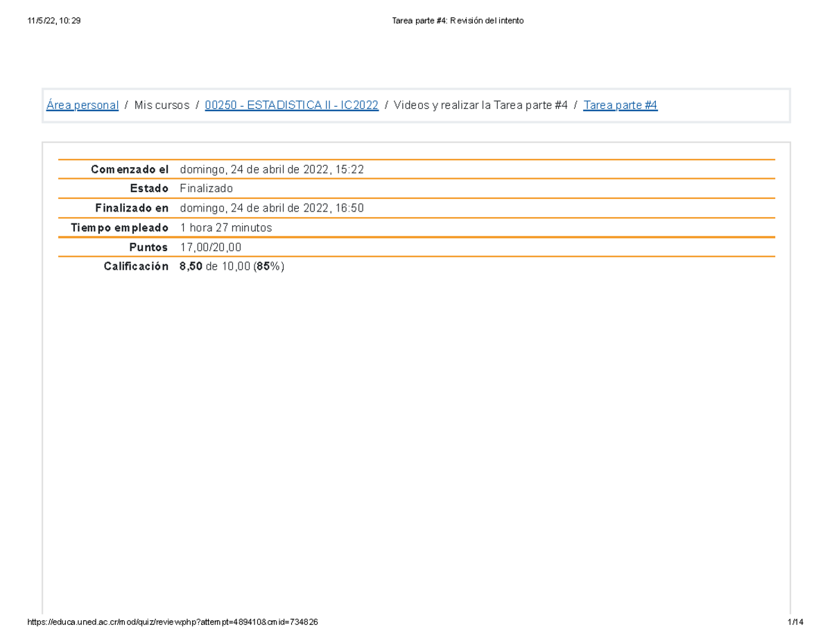 Tarea parte #4 Revisión del intento-2 - Área personal / Mis cursos / 00250 - ESTADISTICA II ...
