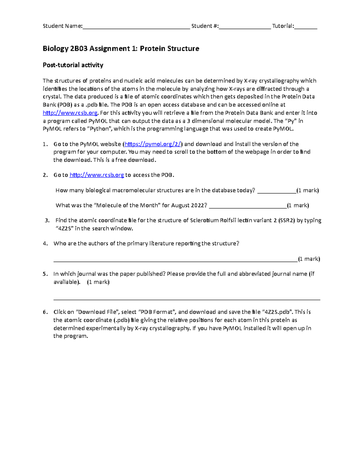 F22 Bio 2B03 Assignment 1 - Protein structure - Student Name ...