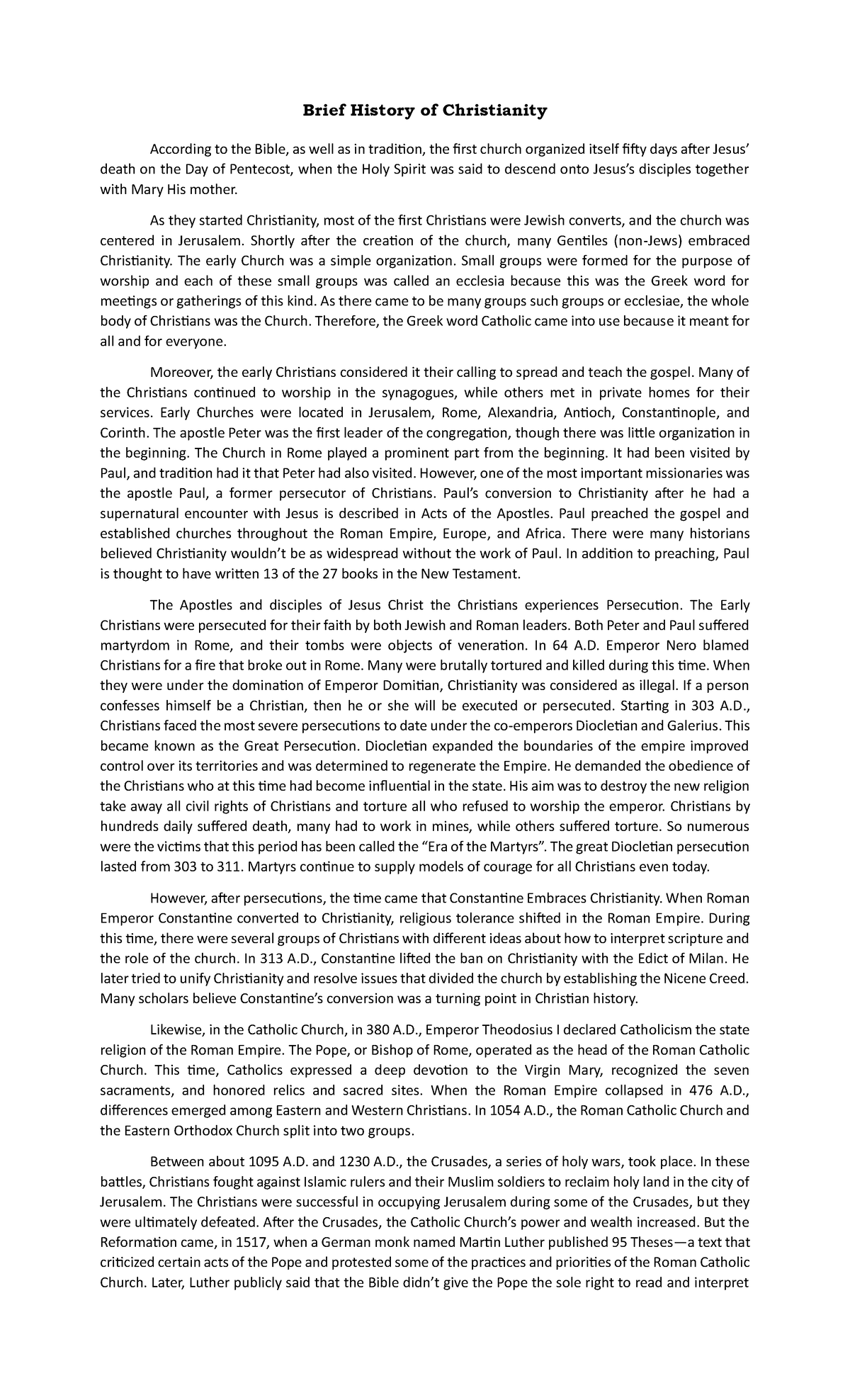 Brief History of Christianity - Brief History of Christianity According ...