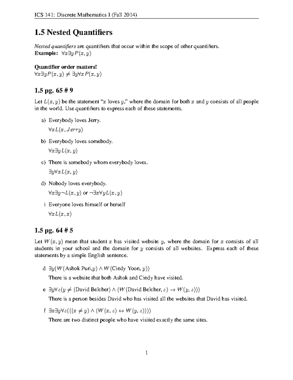 Nested Quantifiers-QA - ICS 141: Discrete Mathematics I (Fall 2014) 1 Nested Quantifiers Nested ...