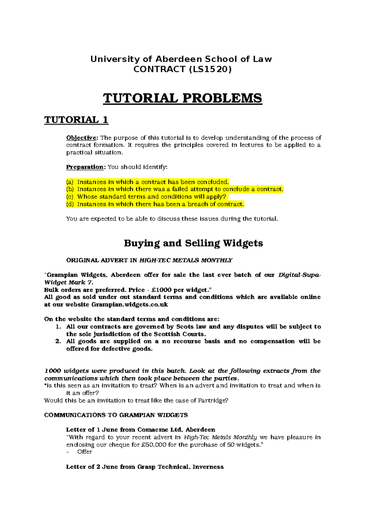 Contract Tutorial Problems 1819 - University of Aberdeen School of Law ...