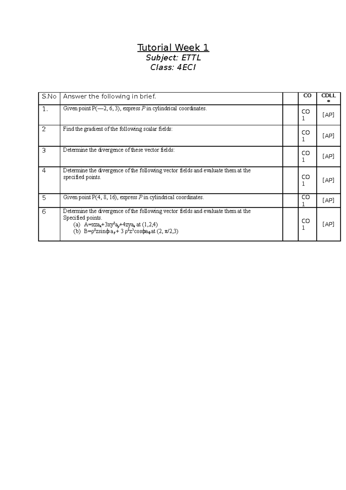 Tutorial 2 - Important Questions in ELECTROMAGNETIC WAVES AND TRANSMISSION LINES - Tutorial Week ...