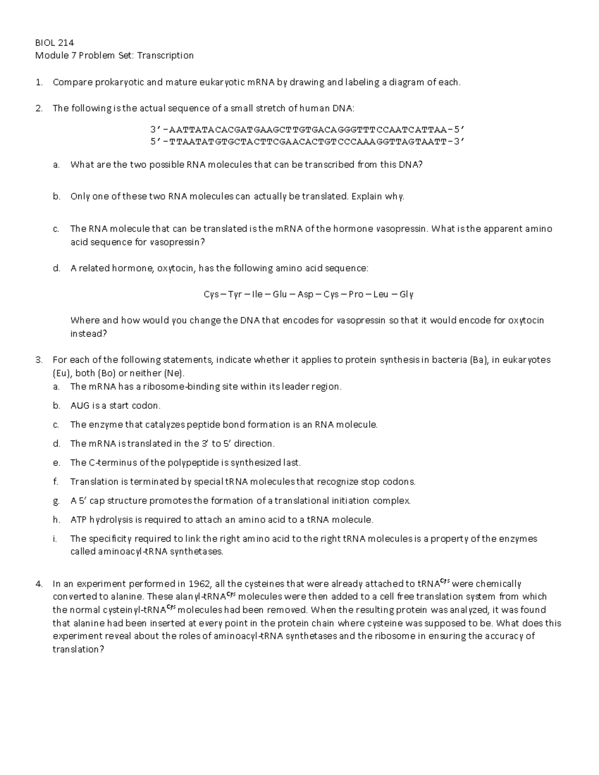 M7 problem set - Practice for M7 - BIOL 214 Module 7 Problem Set: Transcription Compare ...