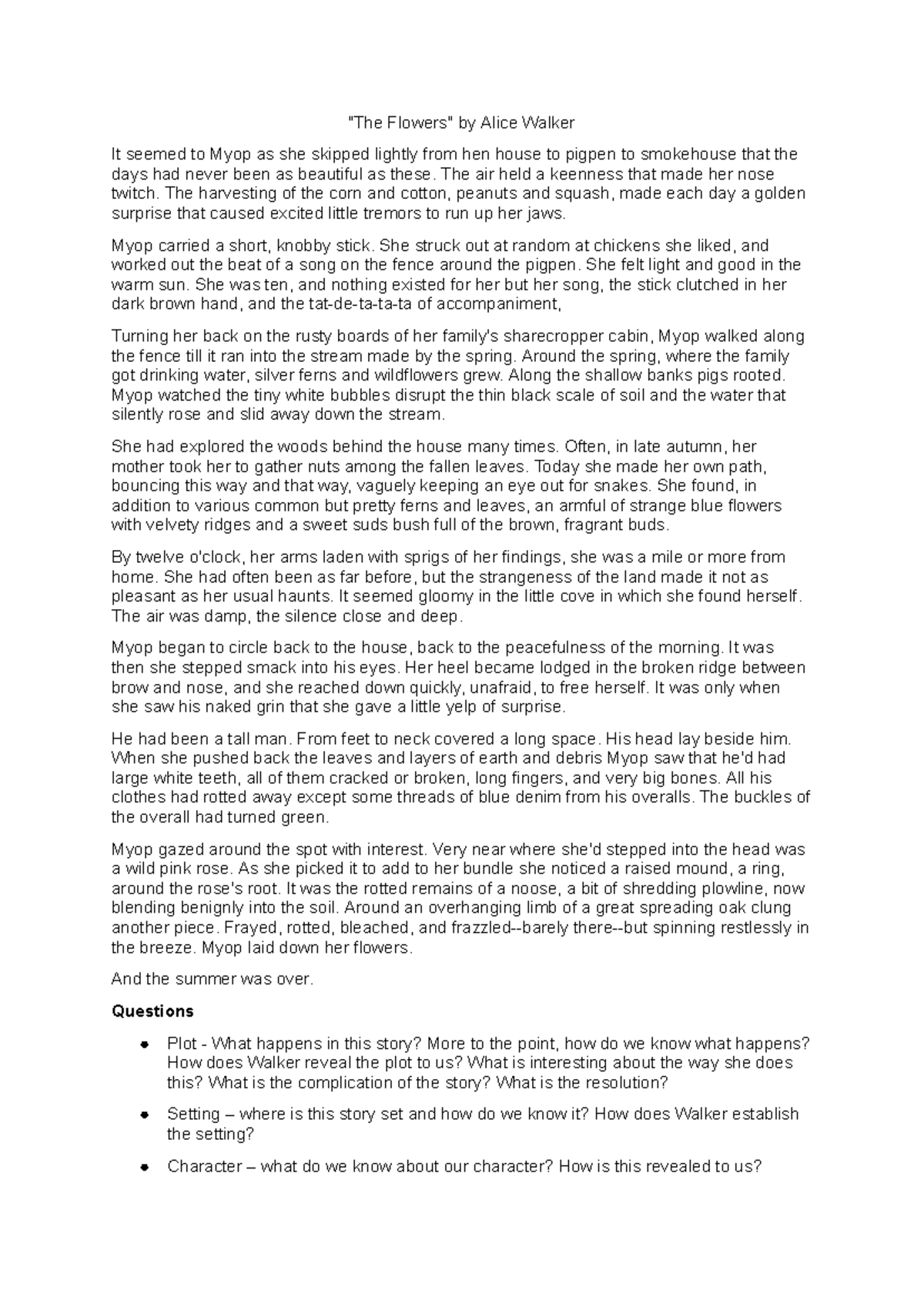 The Flowers Alice Walker and Questions - "The Flowers" by Alice Walker ...