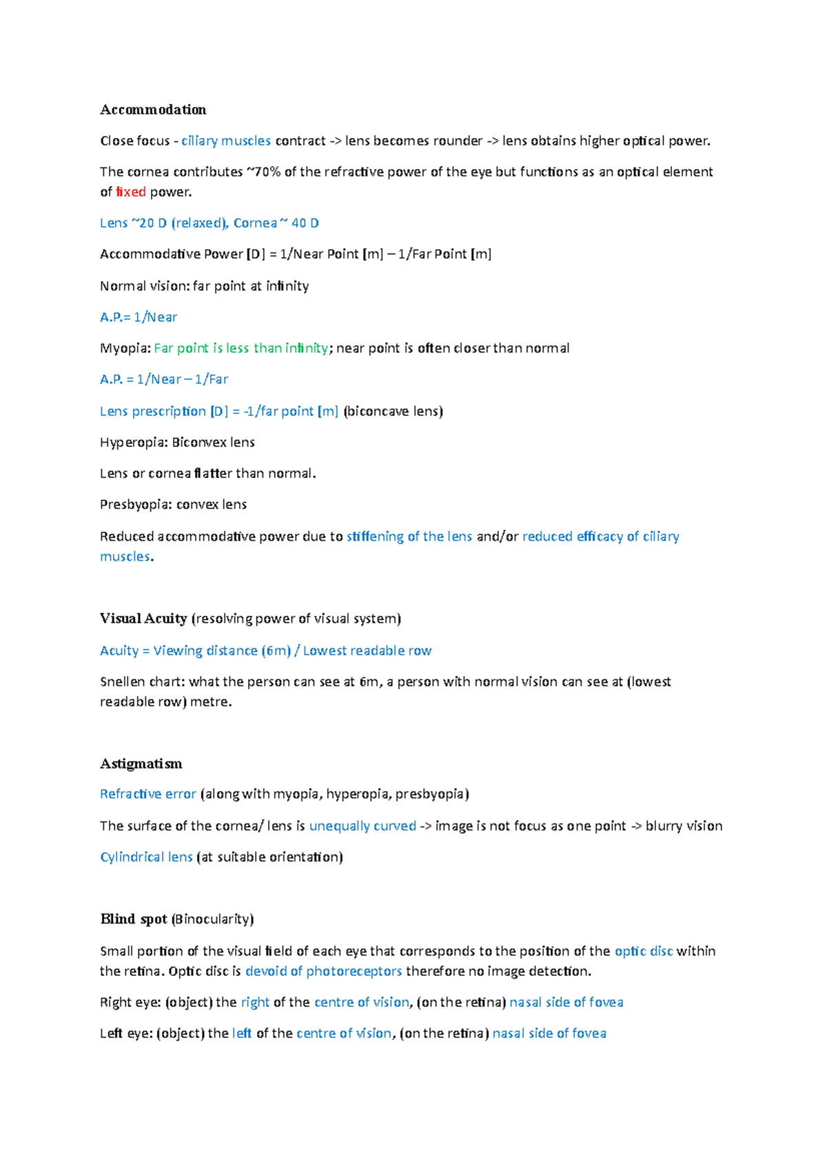 Revision Notes for Vision Practical - Accommodation Close focus ...