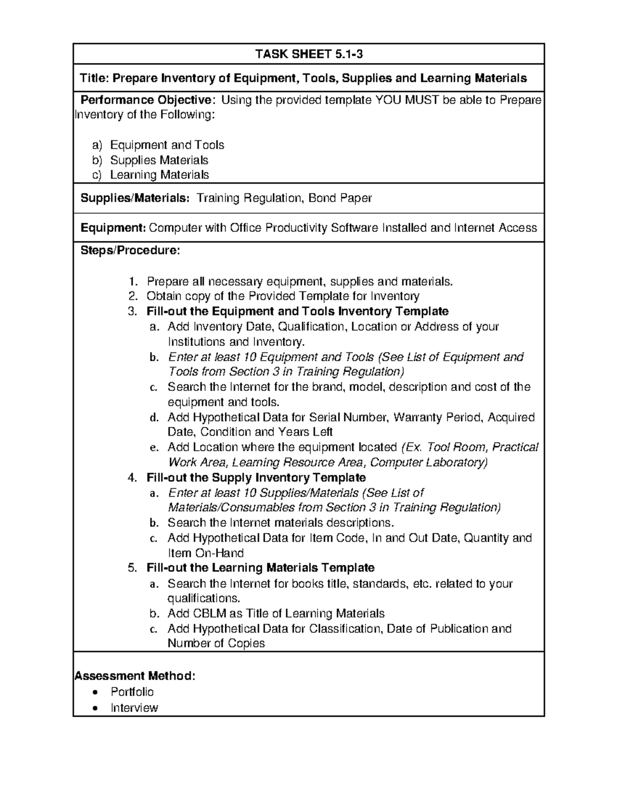 Food Processing Notes - TASK SHEET 5- 3 Title: Prepare Inventory of ...