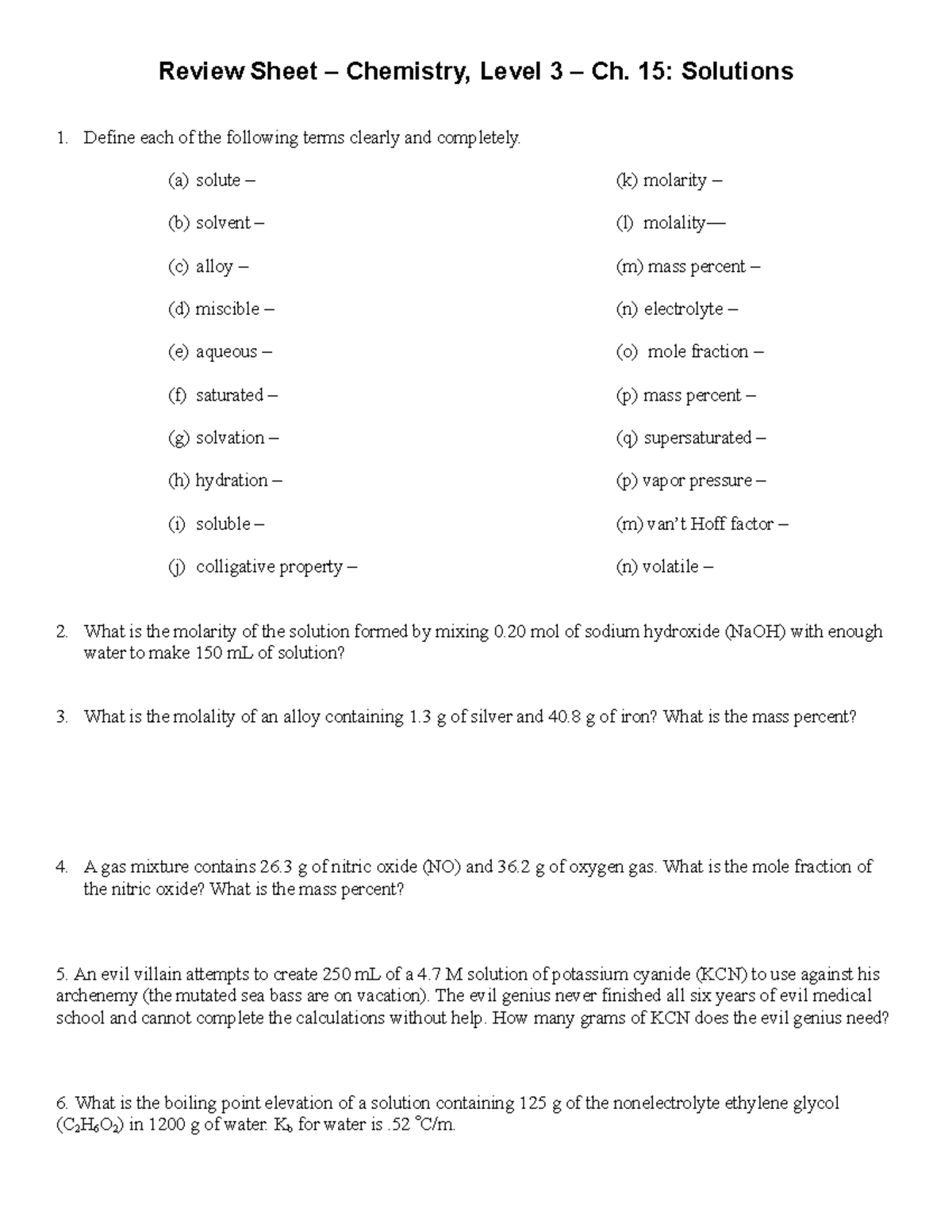 Solutions Review Sheet - Review Sheet Chemistry, Level 3 Ch. 15 ...