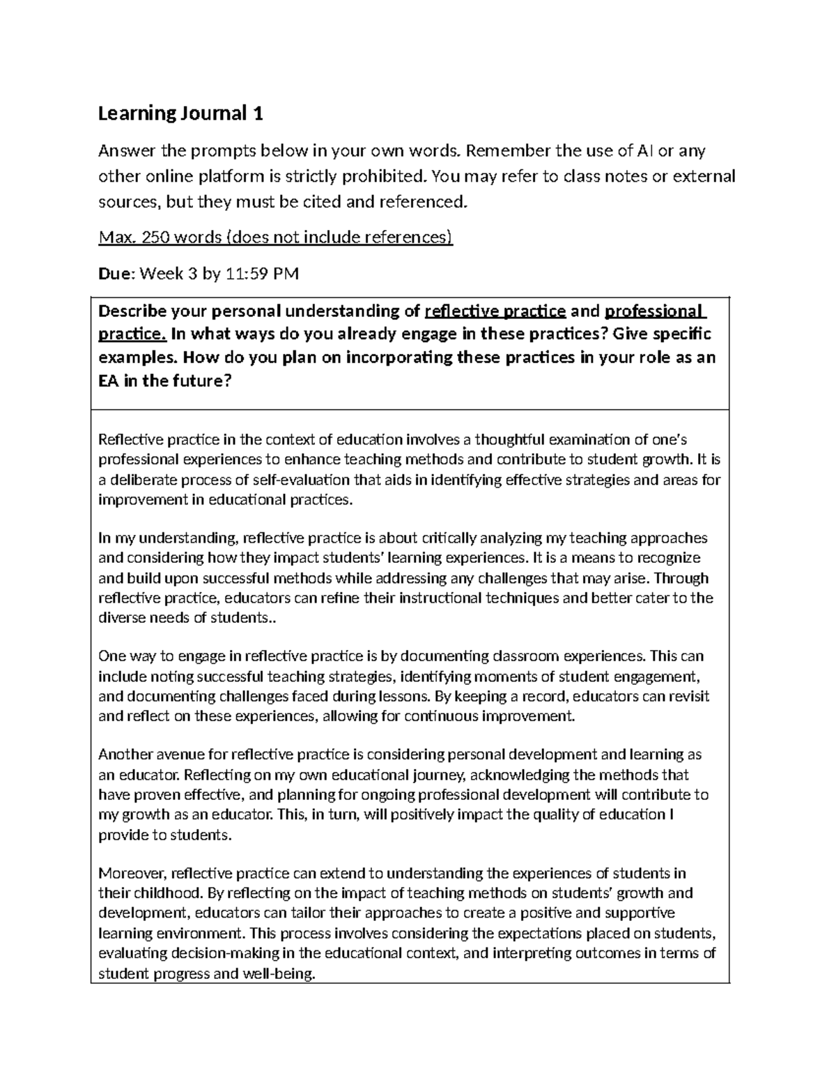 Learning Journal 1 - essay - Learning Journal 1 Answer the prompts below in your own words ...