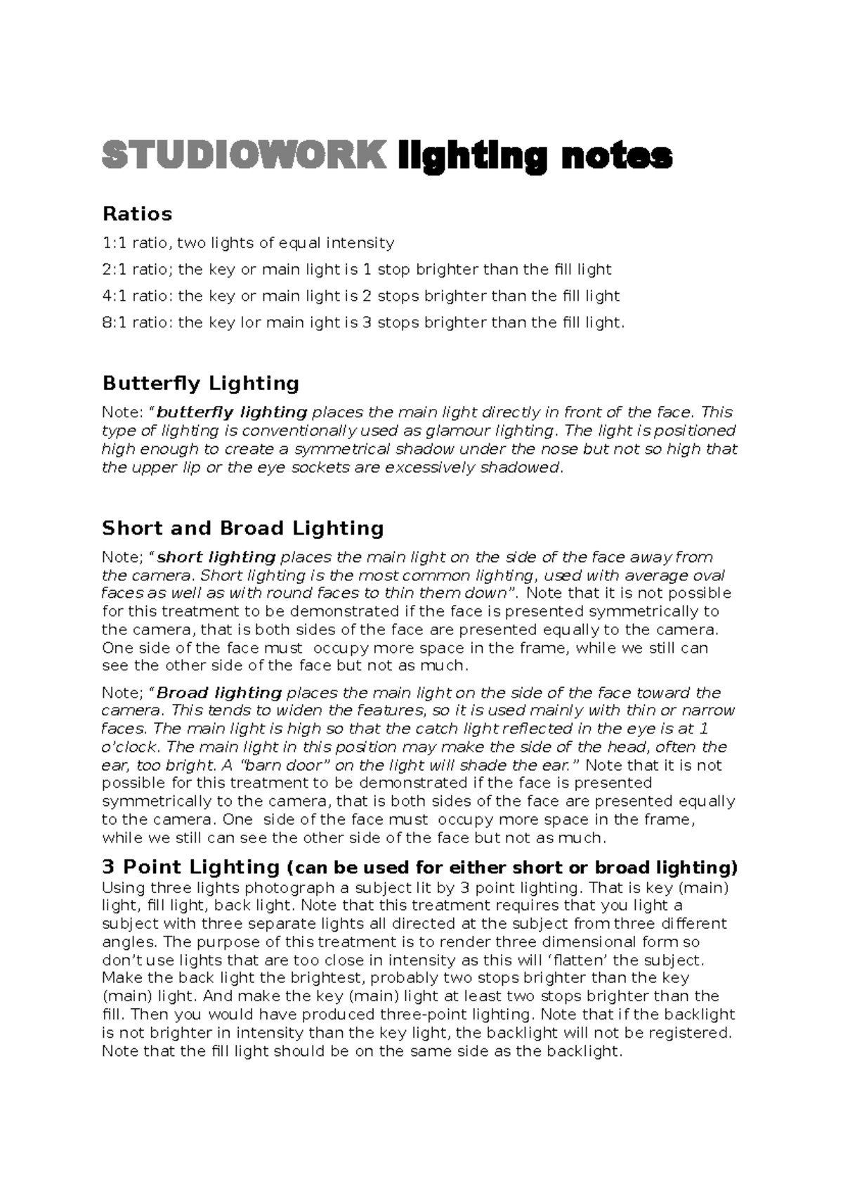 Studio Work Lighting Notes - film photography - STUDIOWORK lighting ...